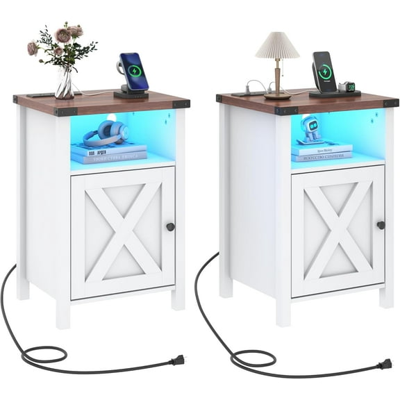 Farmhouse Rustic Nightstand with Charging Station White & Oak - Walmart.com