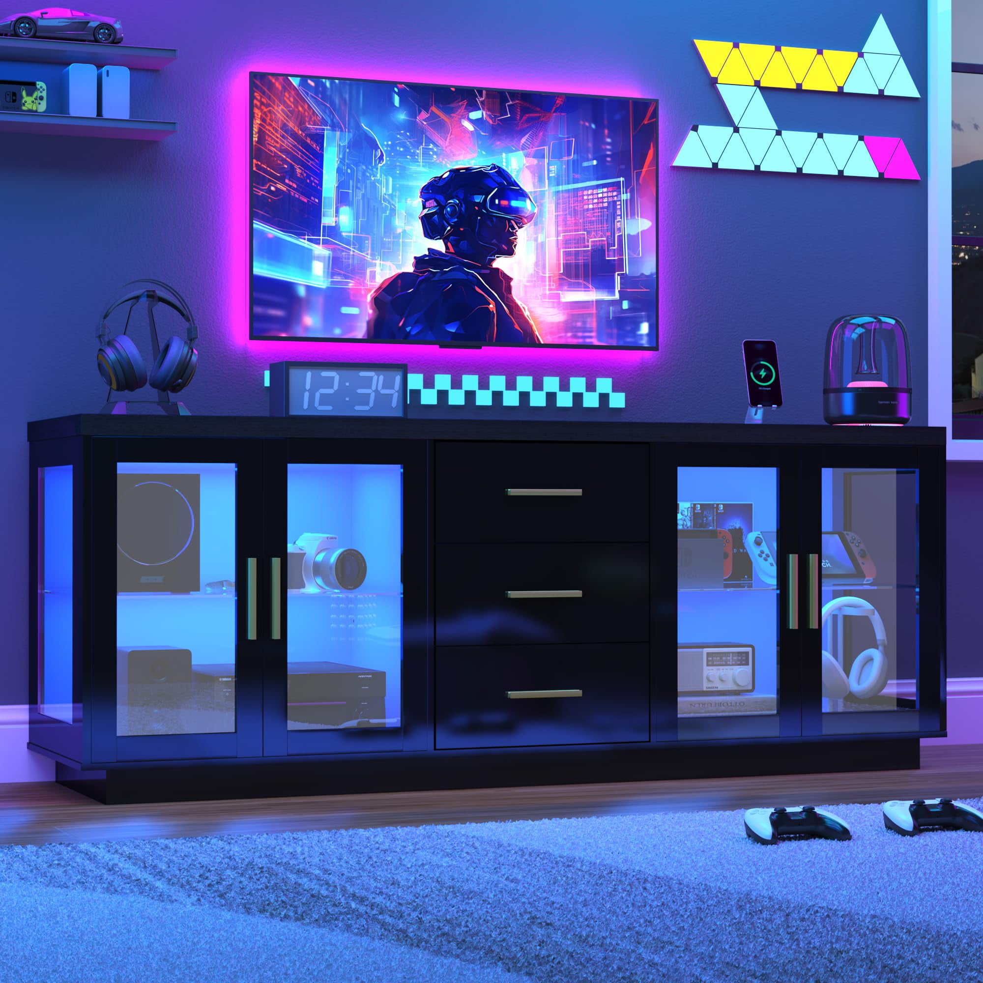 ChVans LED TV Stand for TVs up to 85" with Power Outlets, High Gloss Entertainment Center with ...