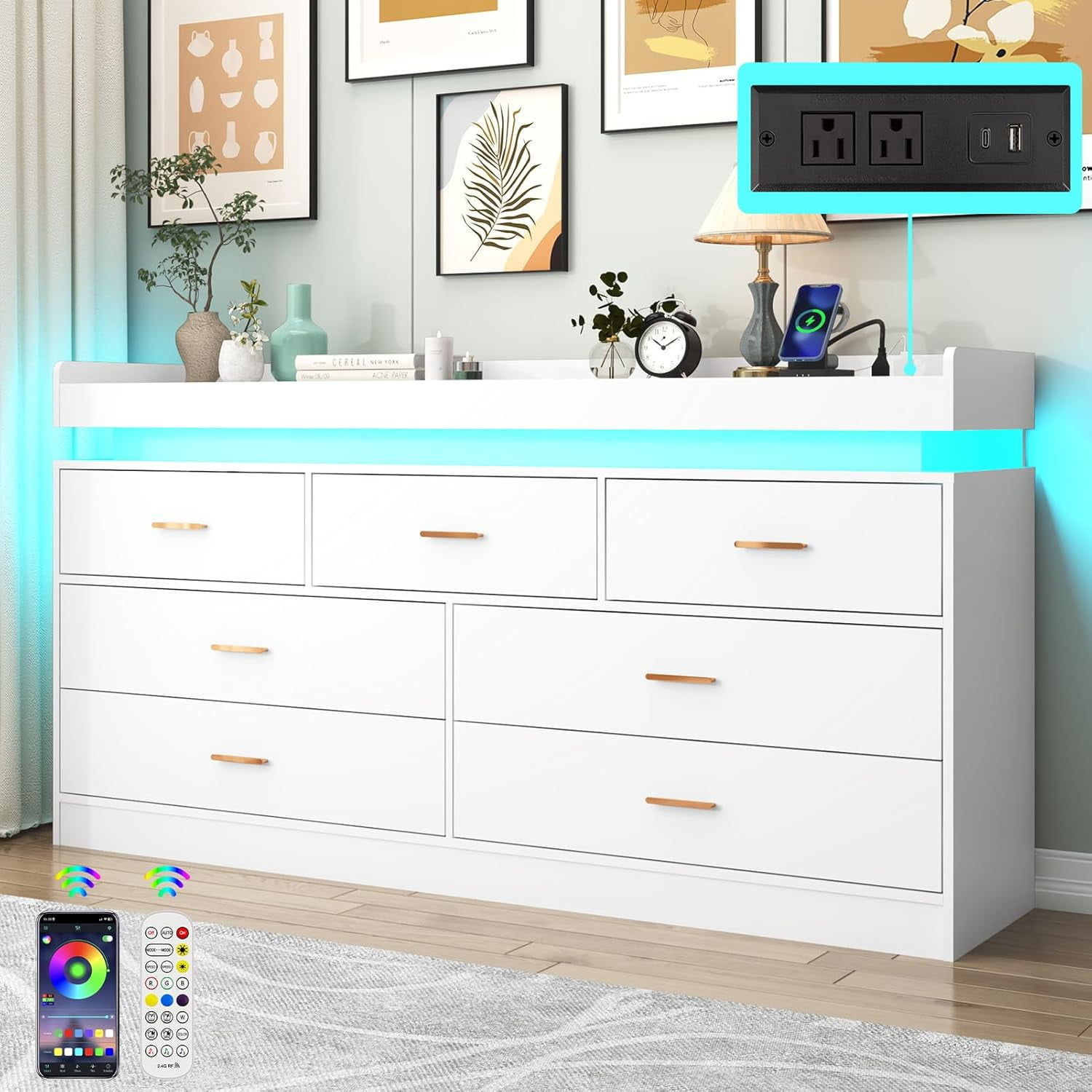 ChVans White Dresser with LED Light and Charging Station, Modern Wood ...