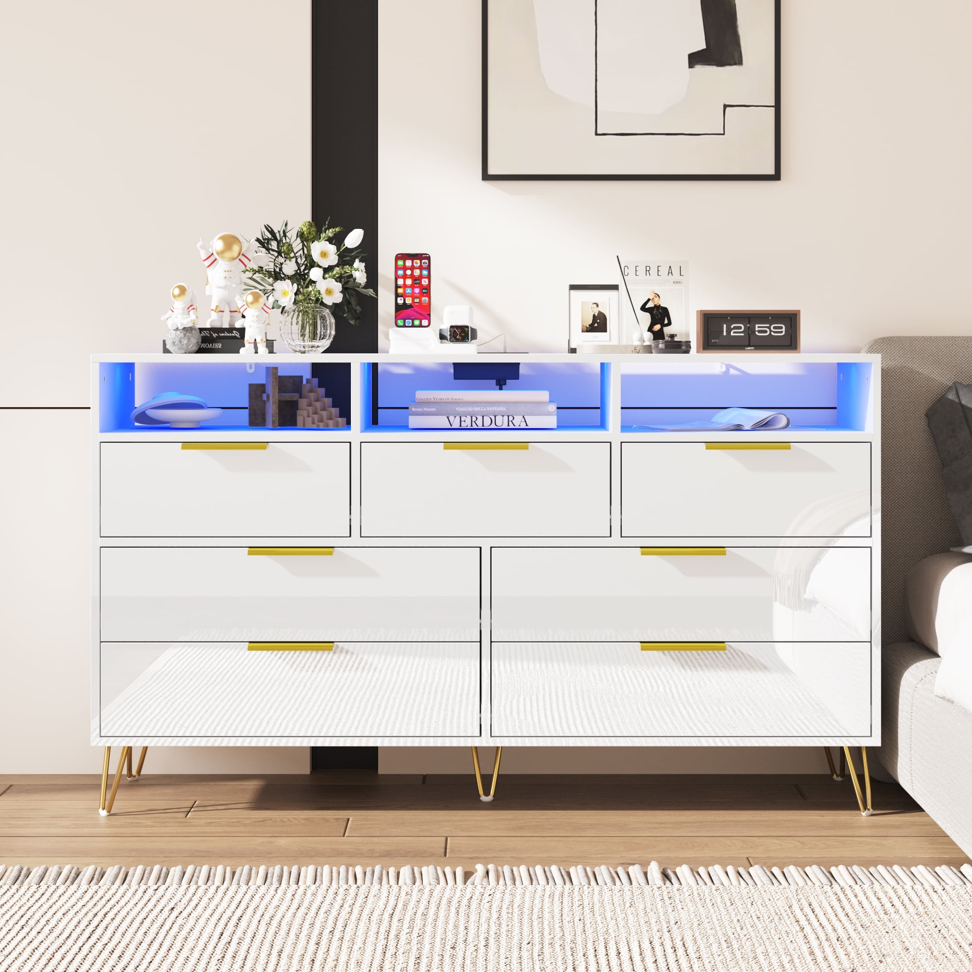 ChVans White Dresser with LED Lights for Bedroom, Modern Wood Dresser ...
