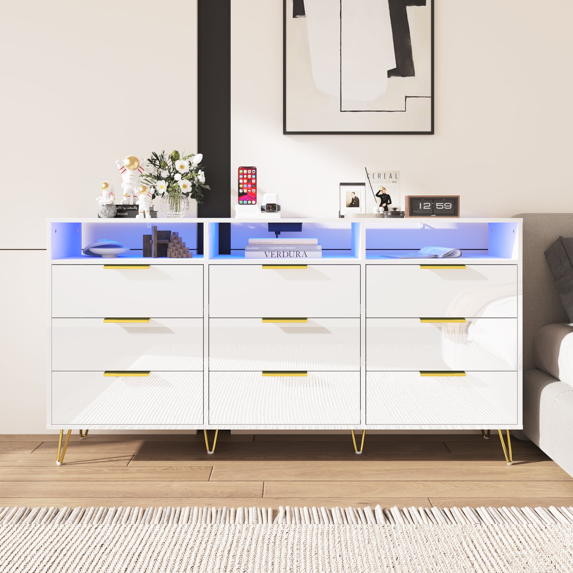 ChVans White Dresser with LED Lights for Bedroom, Modern Wood Dresser ...