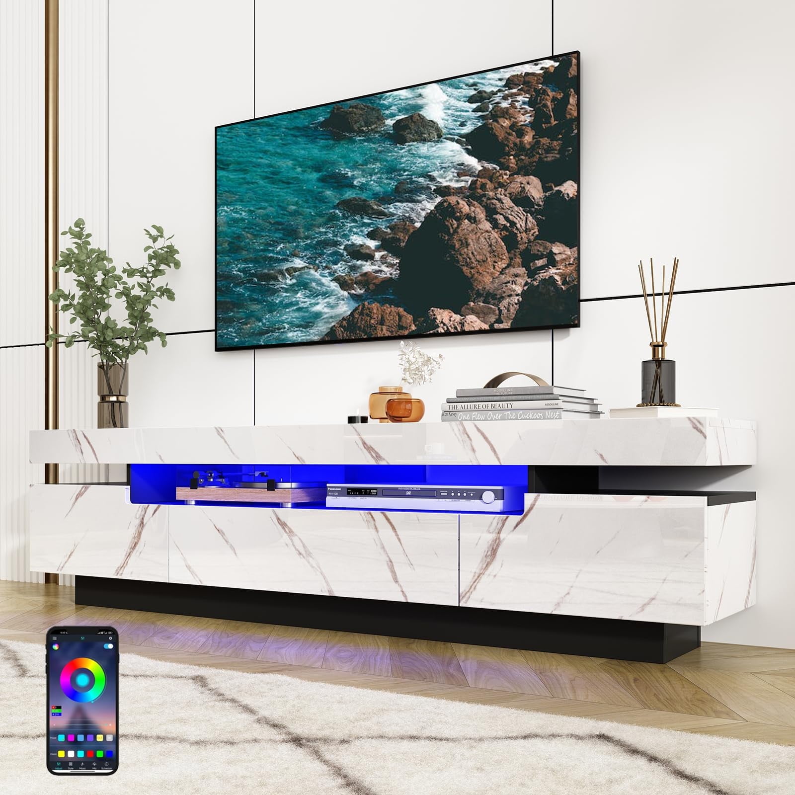 ChVans White Led TV Stand for TV up to 85", Entertainment Center with ...