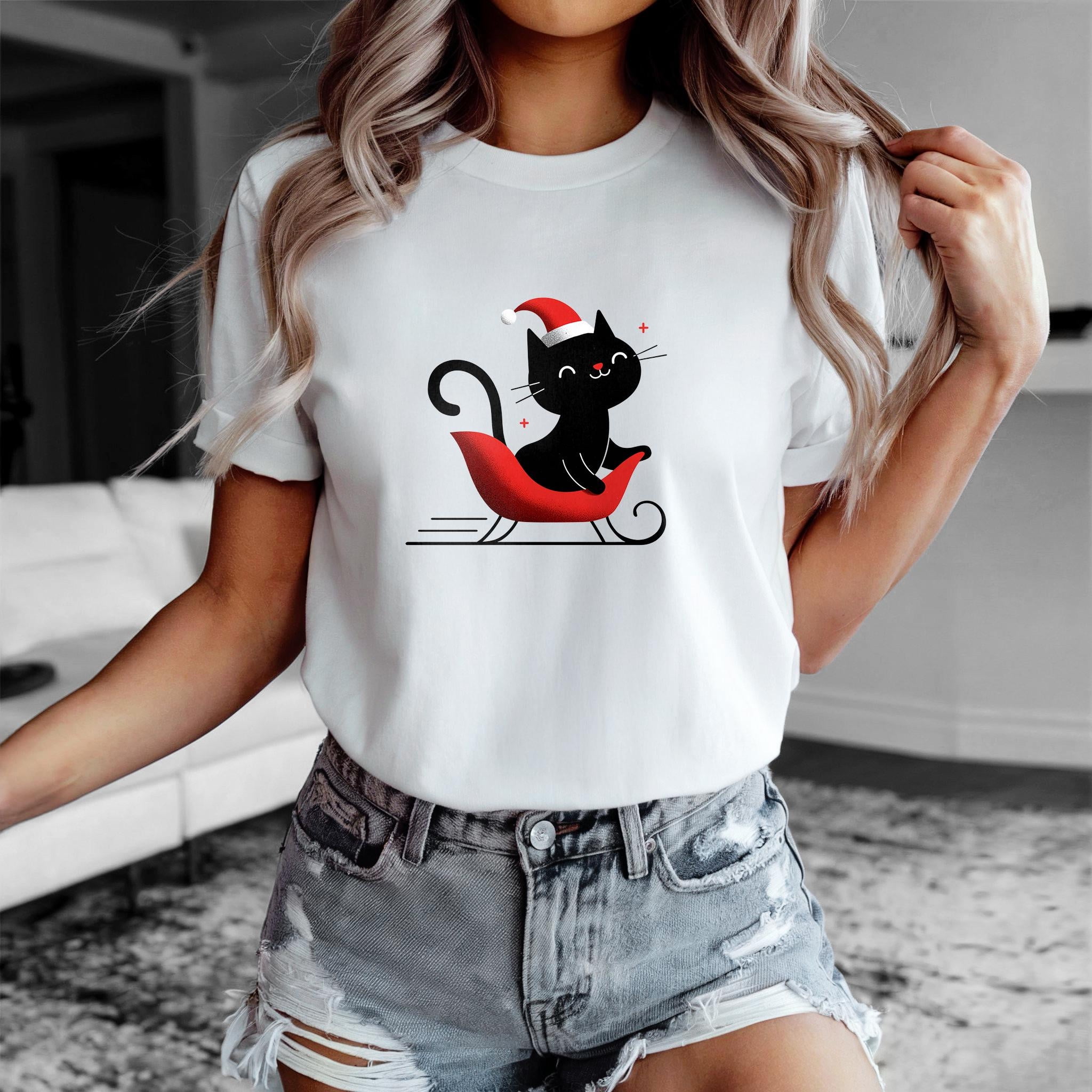 ChaChaCoo Black Cat Christmas T-Shirt: Santa Hat Sleigh, Holiday Cat ...