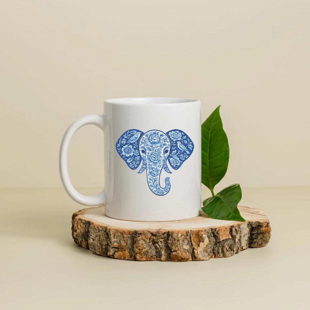 ChaChaCoo Blue Chinoiserie Elephant Mug - Elegant Ceramic Coffee Cup ...