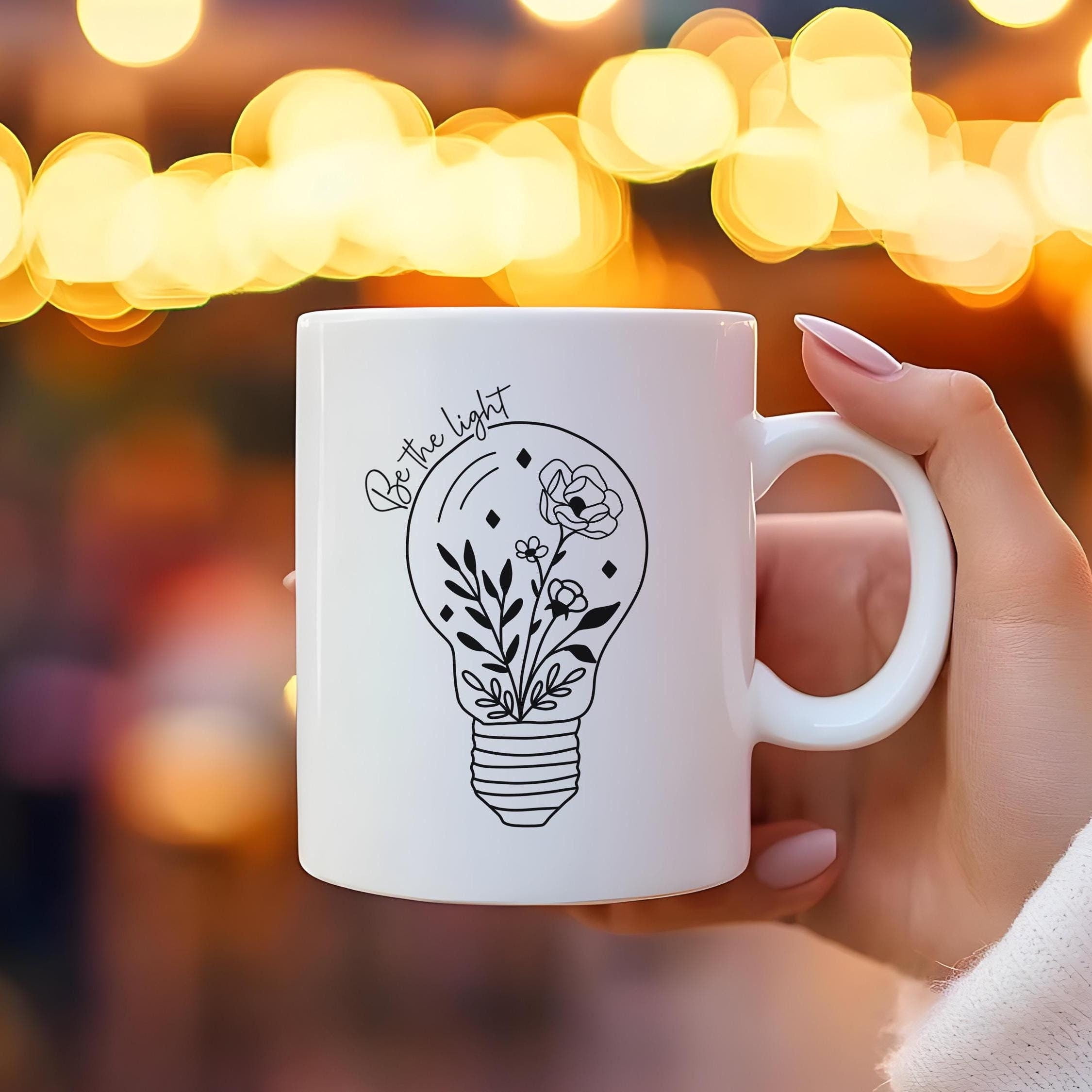 ChaChaCoo Be the Light Inspirational Ceramic Mug with Floral Line Art ...