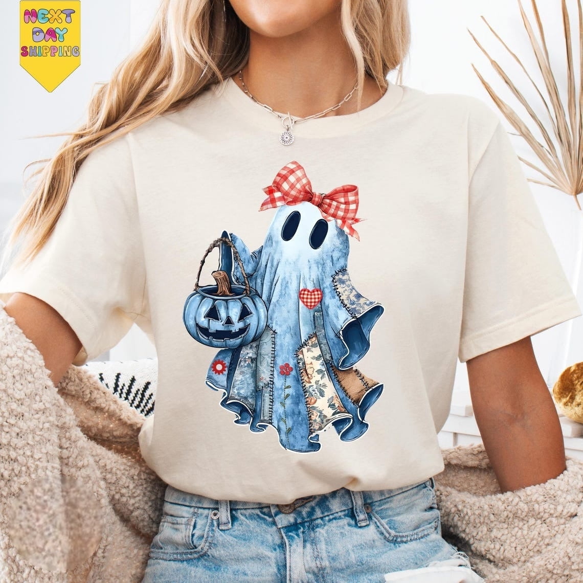 ChaChaCoo Retro Halloween Blue Denim Ghost Shirt, Trendy Patchwork Spooky Ghost Tee, Cute Boo ...