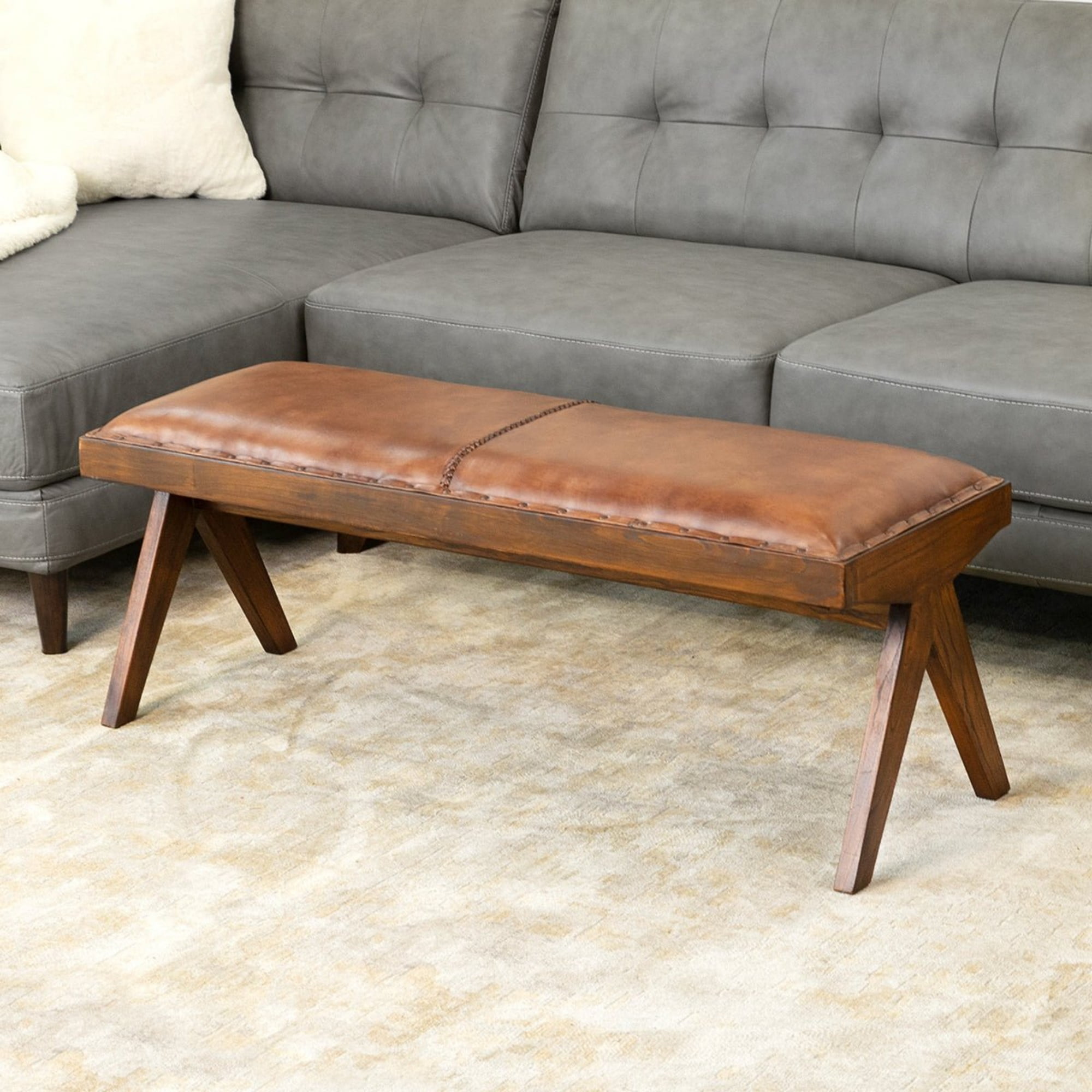 Chad Mid Century Modern Tan Leather Bench - Walmart.com