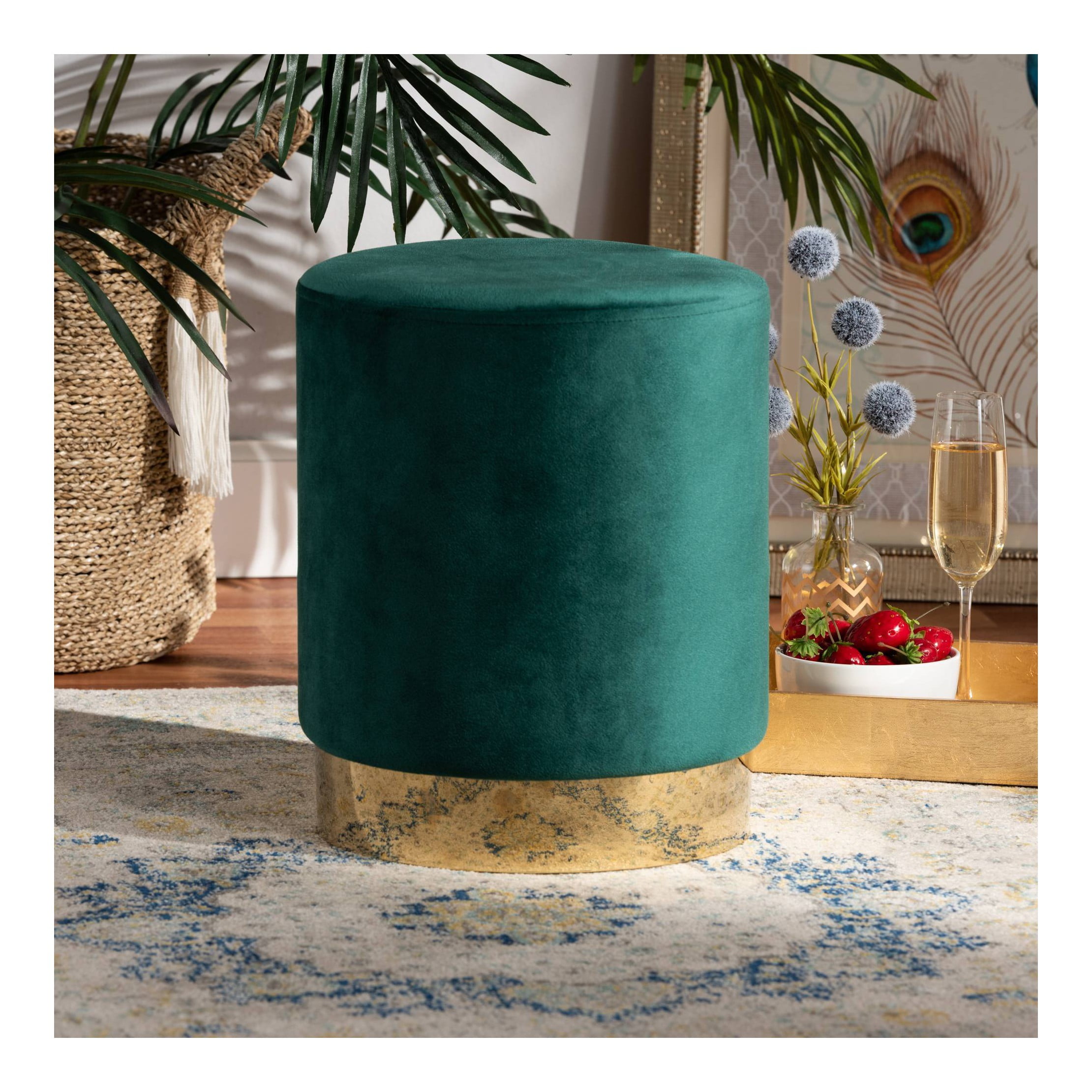 Chaela Velvet Metal Ottoman Green/Gold: Luxurious Footstool, Modern ...
