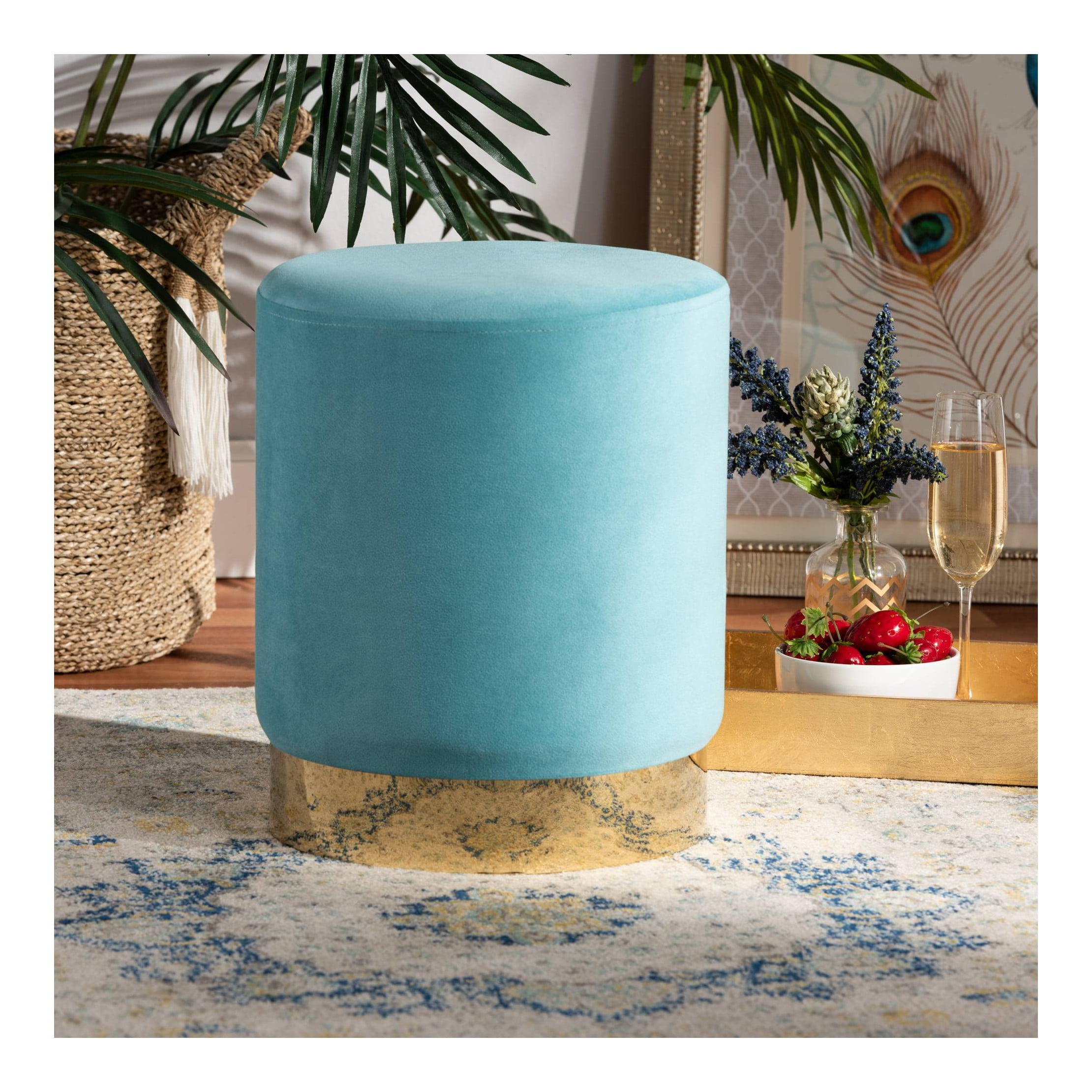 Chaela Velvet Metal Ottoman Sky Blue/Gold: Upholstered Footstool, No ...