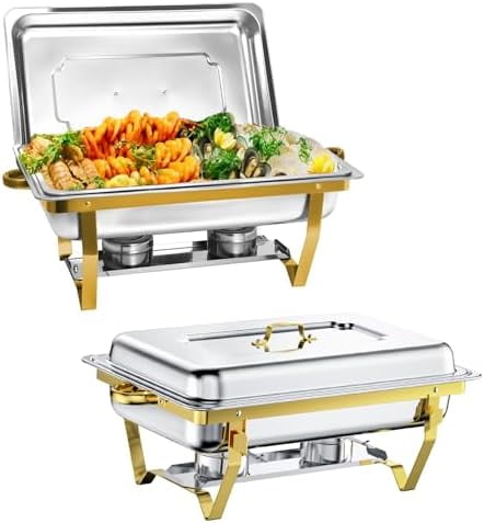 Chafing Dish Buffet Set 2 Pack 8 QT, Stainless Steel Gold Rectangular ...