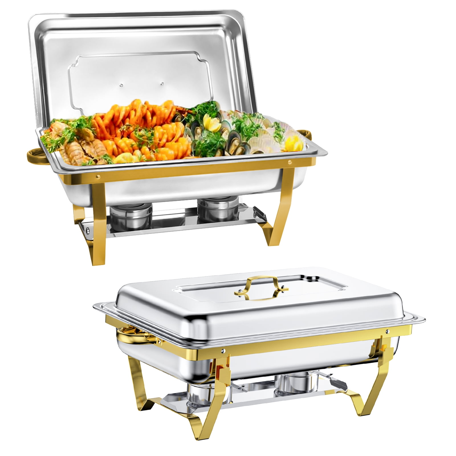 Chafing Dish Buffet Set 2 Pack Full Size: Jacgood 8QT Stainless Steel Rectangle Gold Chafing ...