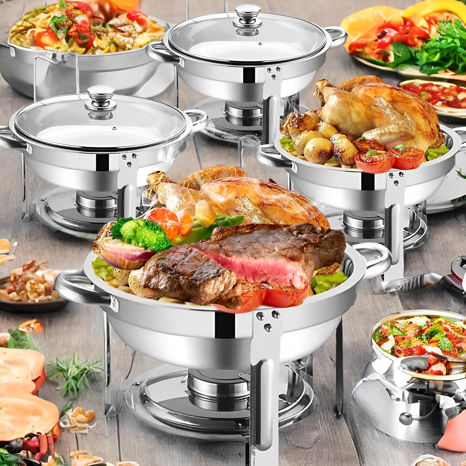 Chafing Dish Buffet Set 4 Pack: 5QT Round Stainless Steel Chafer for ...
