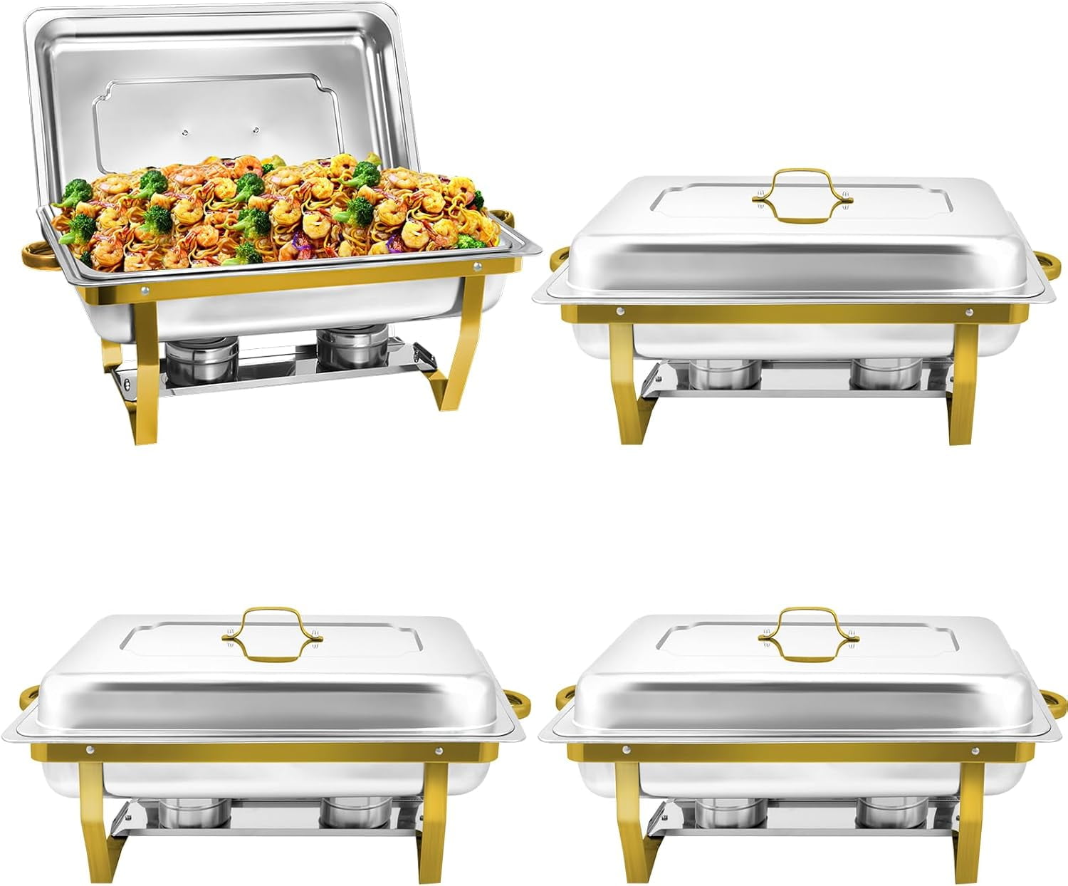 Chafing Dish Buffet Set 4 pack, GOLD 8QT Stainless Steel Rectangular Chafers and Buffet Warmer ...