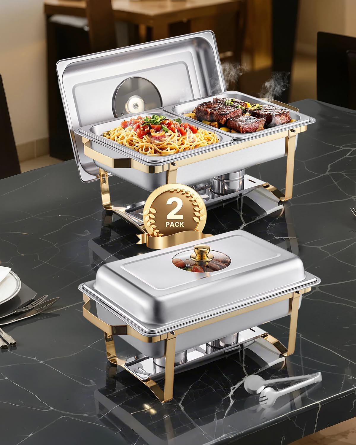 Chafing Dish Buffet Set, 4 Qt 2 Pack, Stainless Steel Chafer with 4 ...