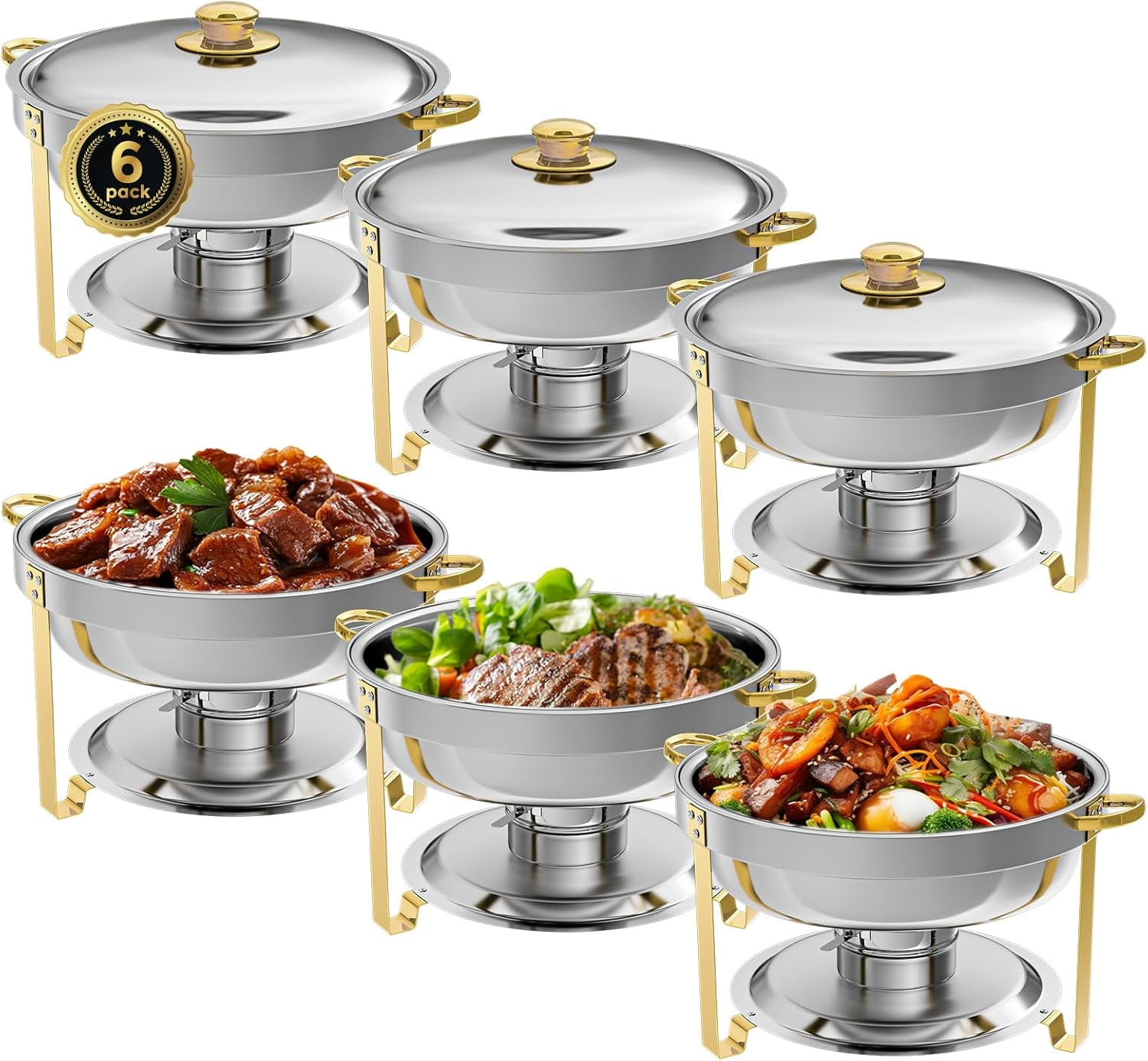 Chafing Dish Buffet Set of 6, 5QT Round Stainless Steel Chafer for Catering, Upgraded Chafers ...