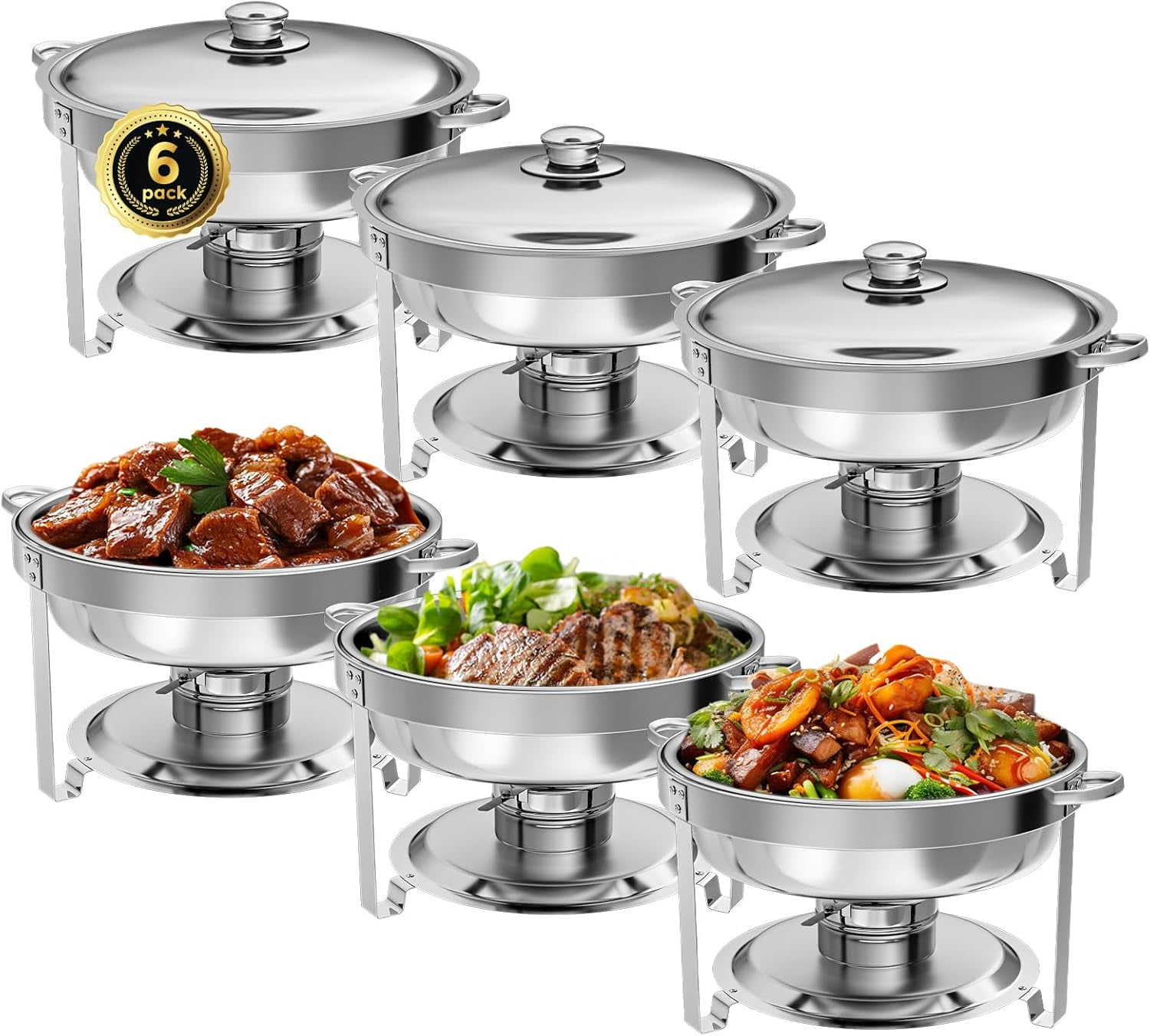 Chafing Dish Buffet Set of 6 Pack, 5QT Round Stainless Steel Chafer for ...