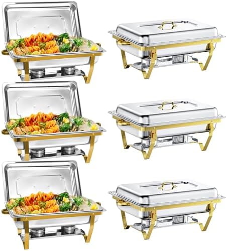 Chafing Dish Buffet Set 6 Pack 8 QT, Stainless Steel Gold Rectangular ...