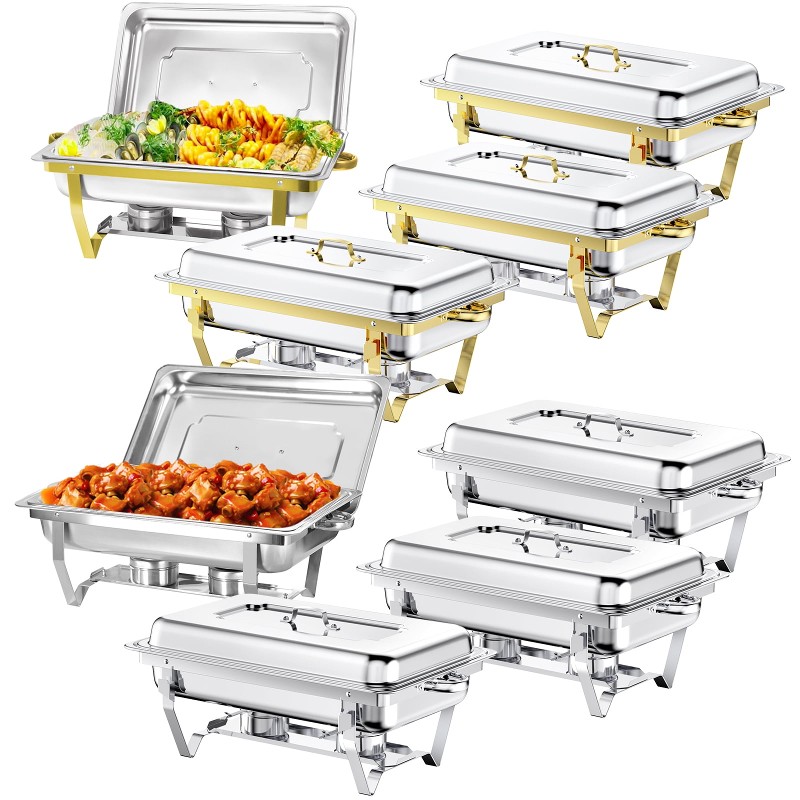 Chafing Dish Buffet Set 8 Pack, Jacgood 8QT Gold+Silver Stainless Steel Chafing Dishes for ...