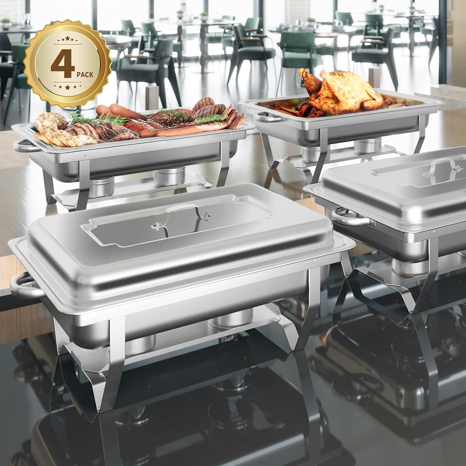 Chafing Dish Buffet Set, 8QT 4 Pack Stainless Steel Rectangular Chafers ...