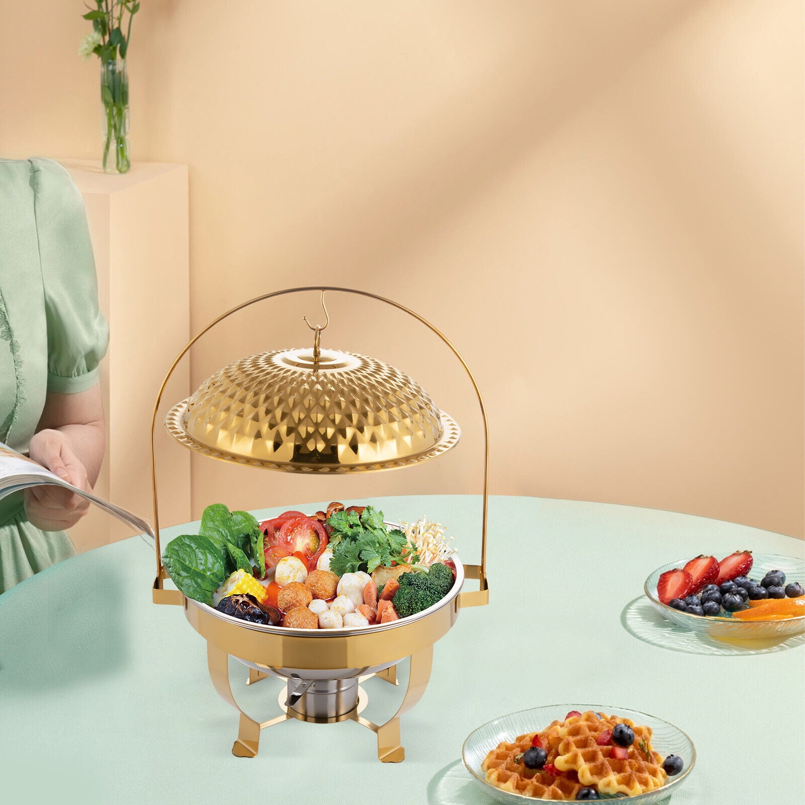 Chafing Dish Buffet Set,Round Stainless Steel Chafer w/Hanging Lid ...