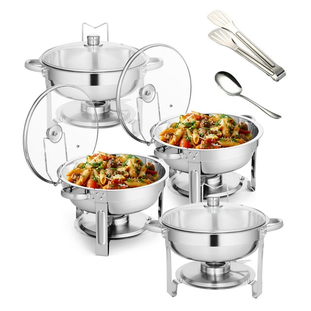 Chafing Dish Buffet Set of 4 Pack, 5 QT Silver/Gold Round Catering Warmer Set with Food and ...