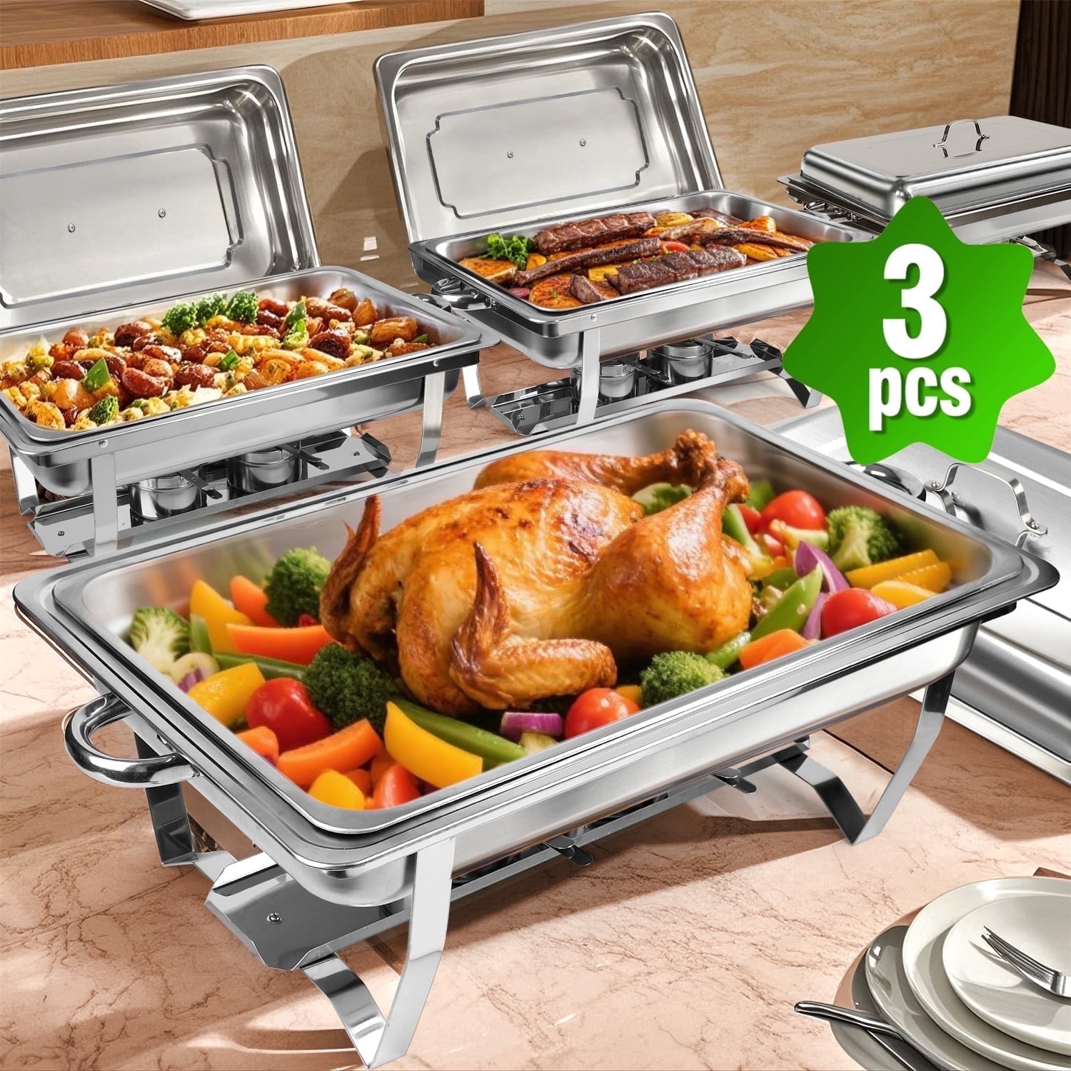 Chafing Dish Buffet Set, AOKIWO 3 Packs Stainless Steel Buffet Warmer ...