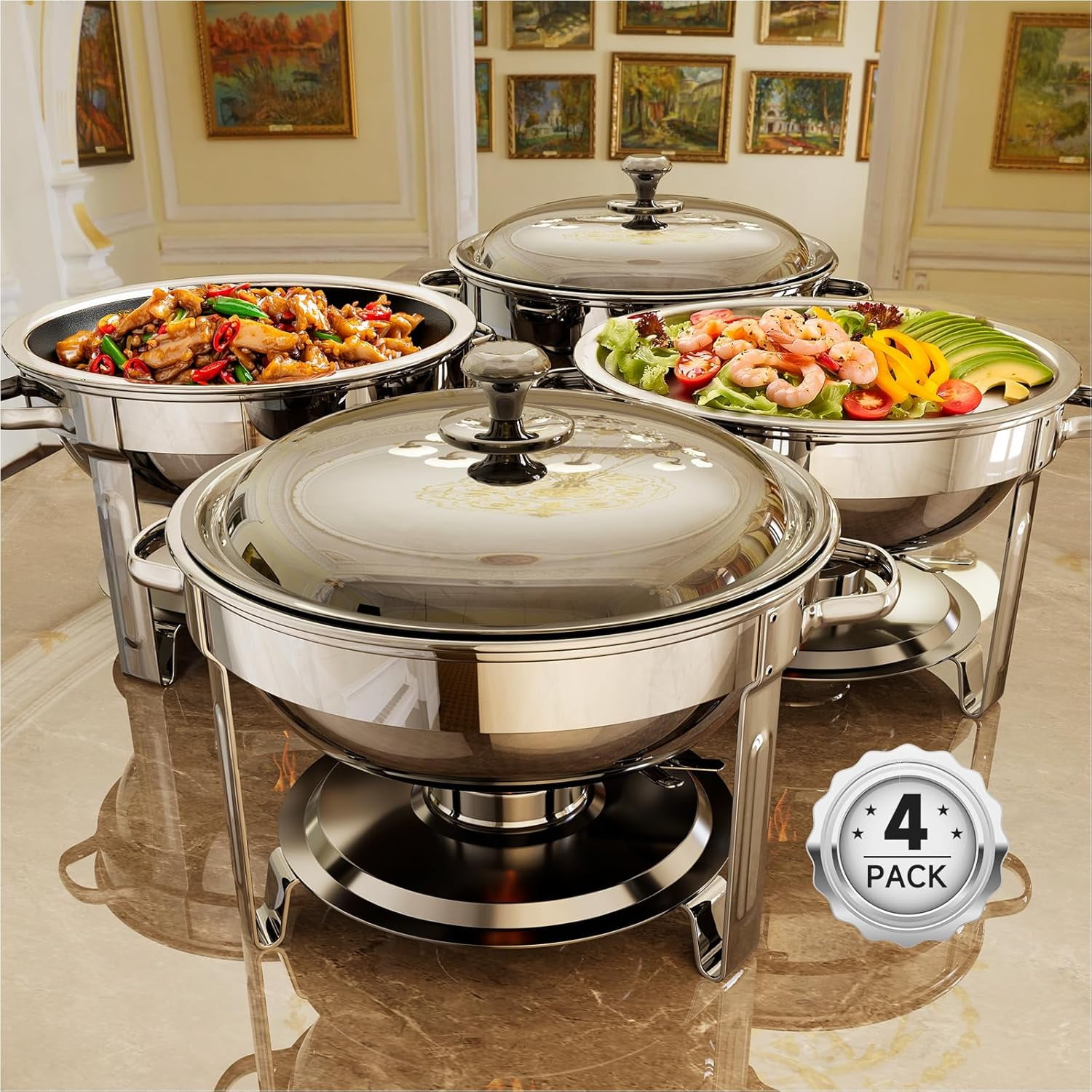 Chafing Dishes for Buffet, 4 Pack 5QT Round Stainless Steel Chafing ...