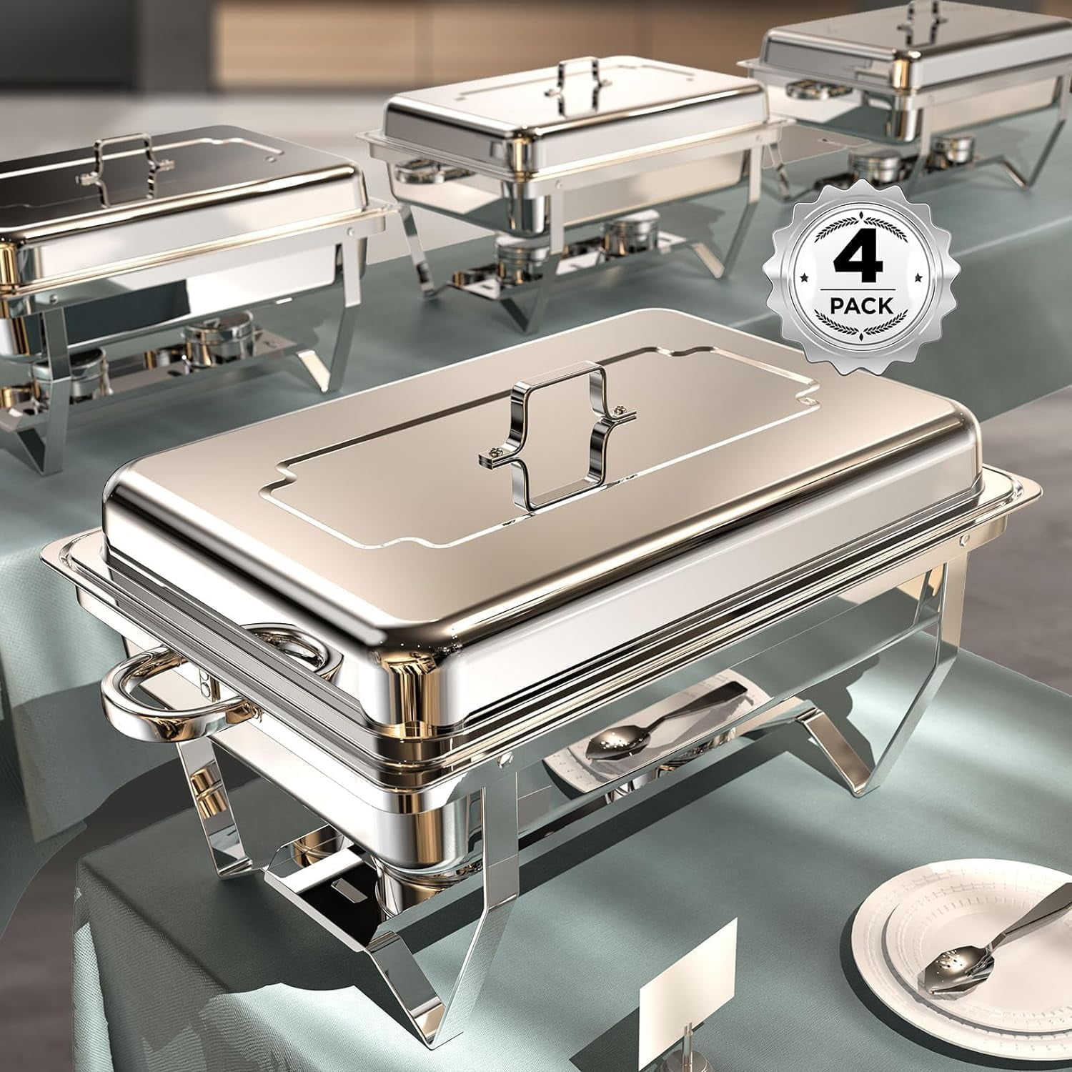 Chafing Dishes for Buffet 4 Pack, 9QT [No Fingers Cut] Roll Edge ...