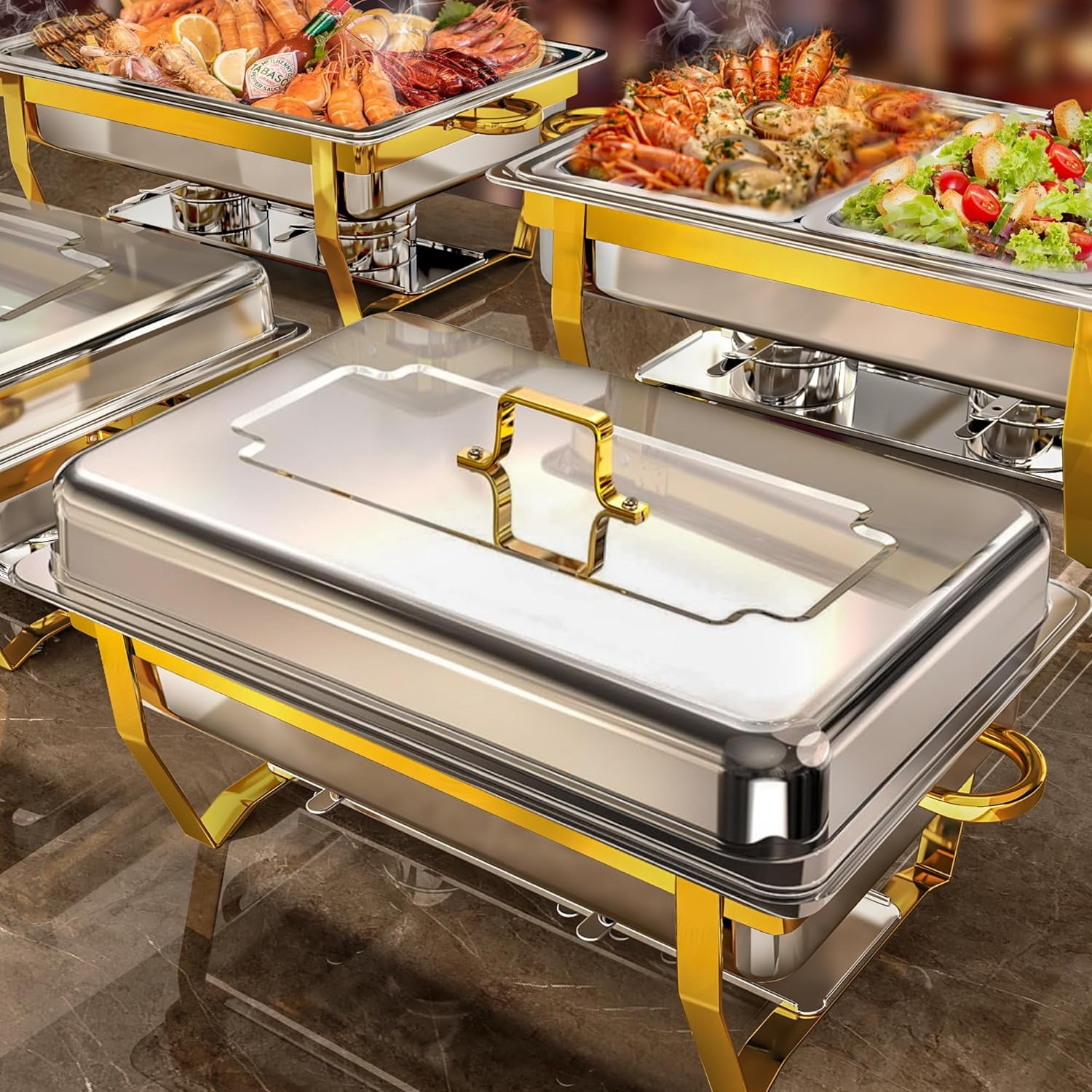 Chafing Dishes for Buffet 4 Pack, [Elegant Gold and Silver] Stainless Steel Chafing Dish Buffet ...