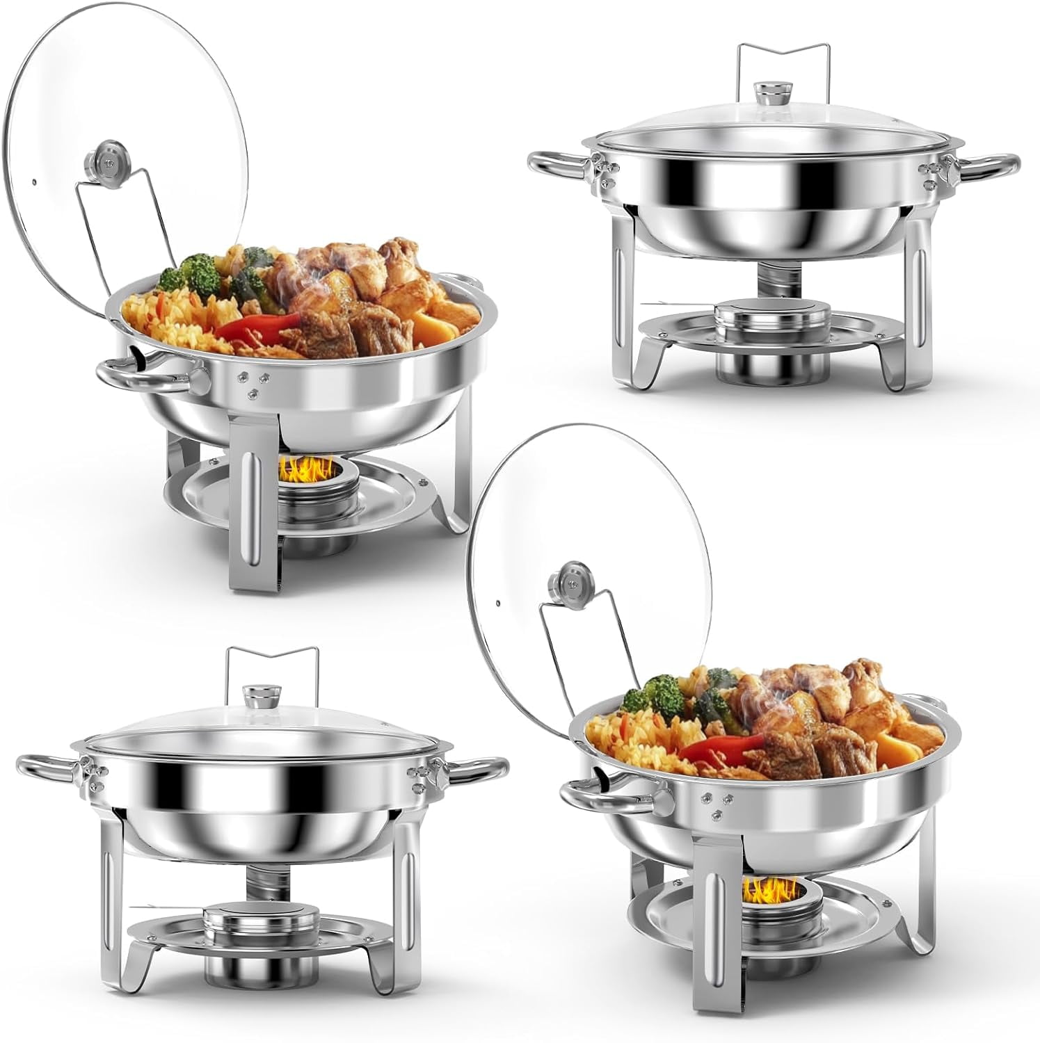 Chafing Dishes for Buffet Set of 4, 5QT Round Chafing Dishes for Buffet with Lids, Stainless ...