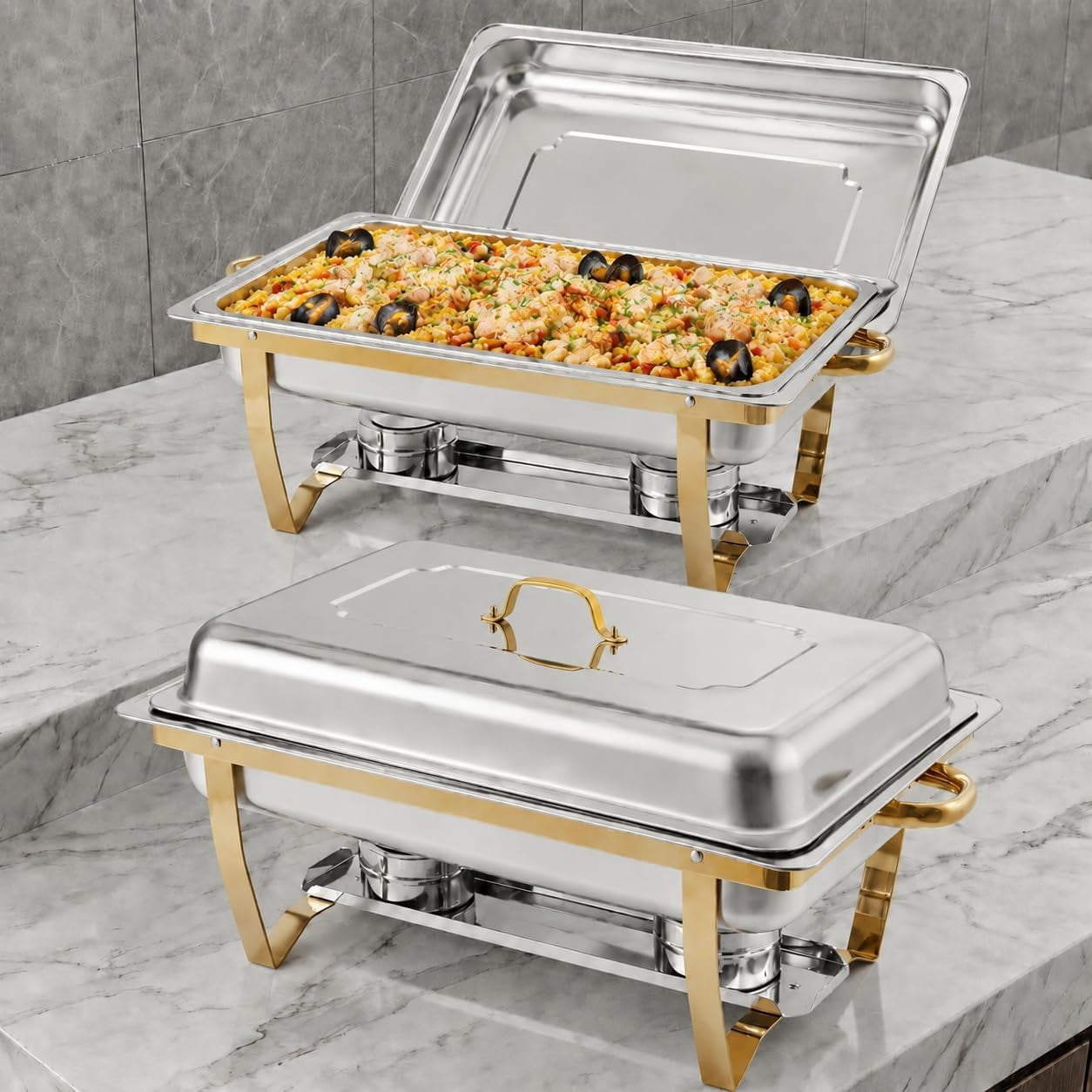 Chafing Dishes for Buffet 2 Pack, 8 QT Stainless Steel Rectangle Buffet ...
