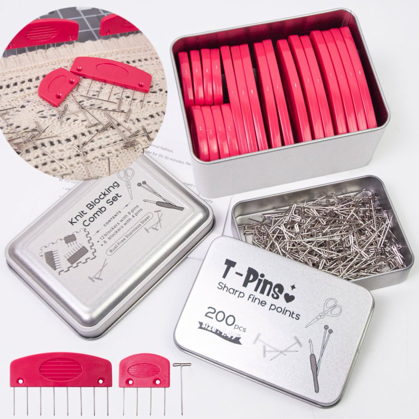 Chagetd 1 Set Knit Blocking Pins Kit with 4/8-Pin Combs 200 T-shape ...