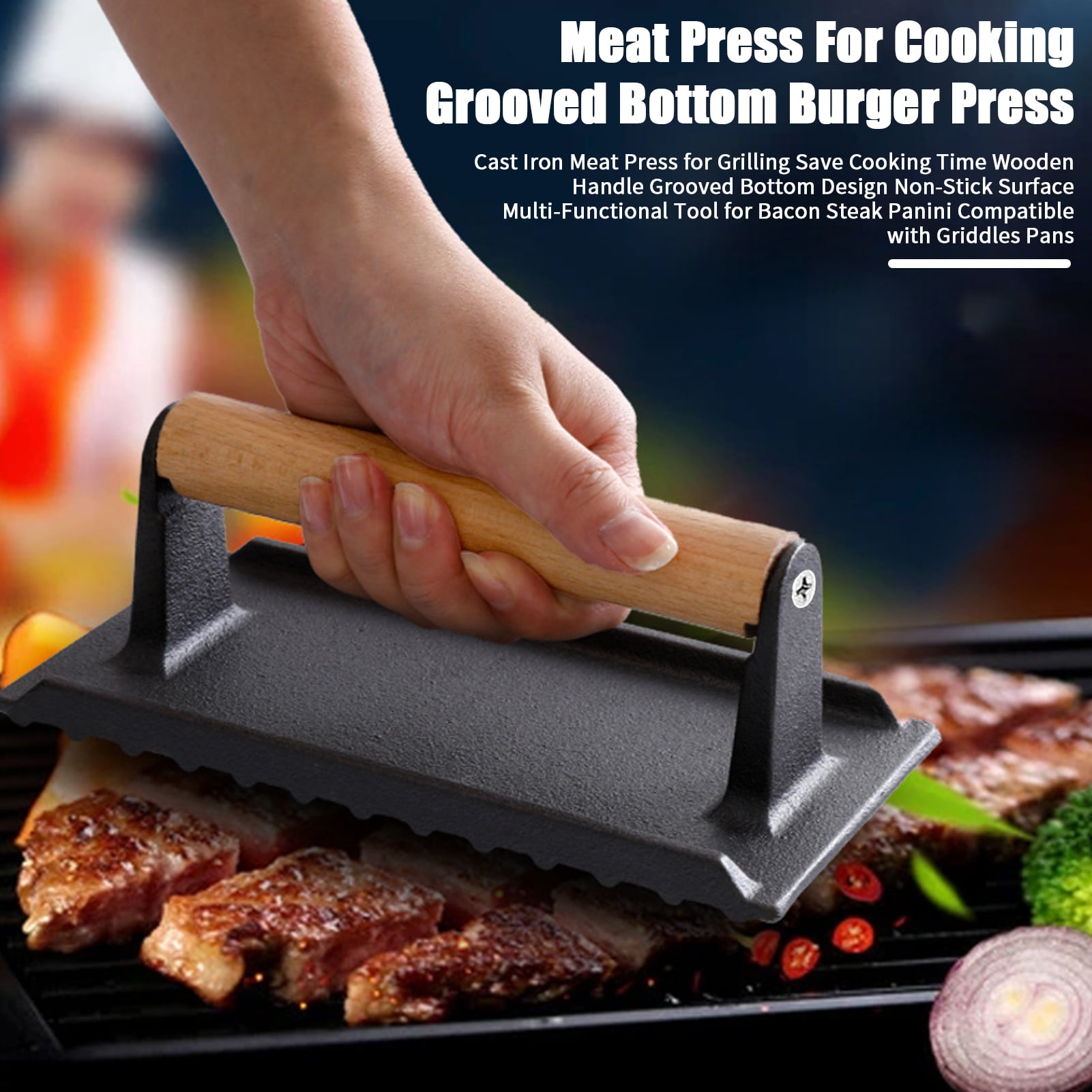 Chagetd Meat Press for Grilling Round Cast Iron Bacon Press Rectangle ...