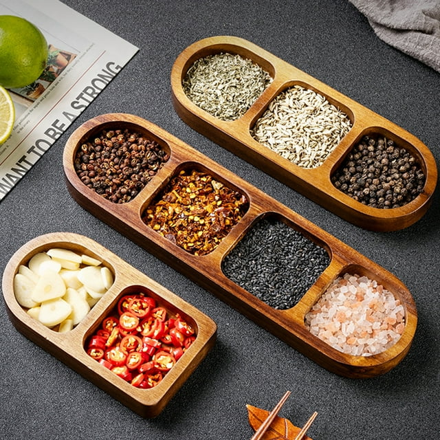 Chagetd Wooden Divided Serving Tray Condiment Dish Multi Compartment ...