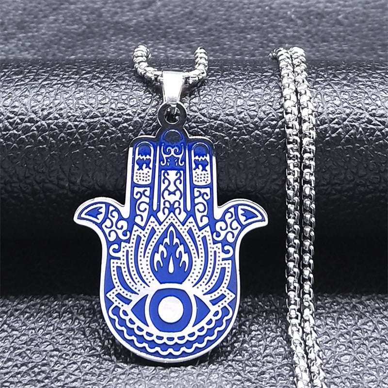 Chai Hebrew Letter Fatima Hamsa Hand Necklace Men/Women 14K White Gold Blue Color Jewish Lucky ...