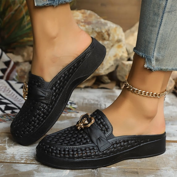 Chain Decor Closed Toe Slippers, Backless Loafers for Women Woven ...