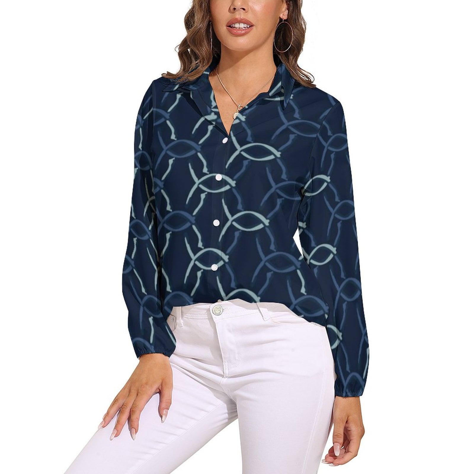 Chain Print Loose Blouse Indigo Blue Net Street Wear Oversized Blouses ...