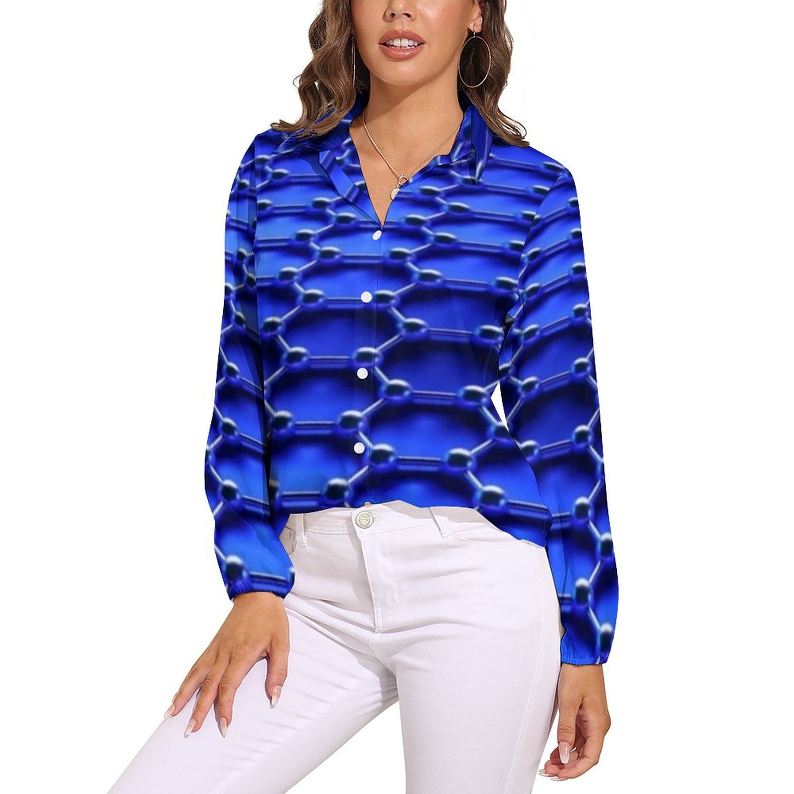 Chain Print Loose Blouse Indigo Blue Net Street Wear Oversized Blouses ...