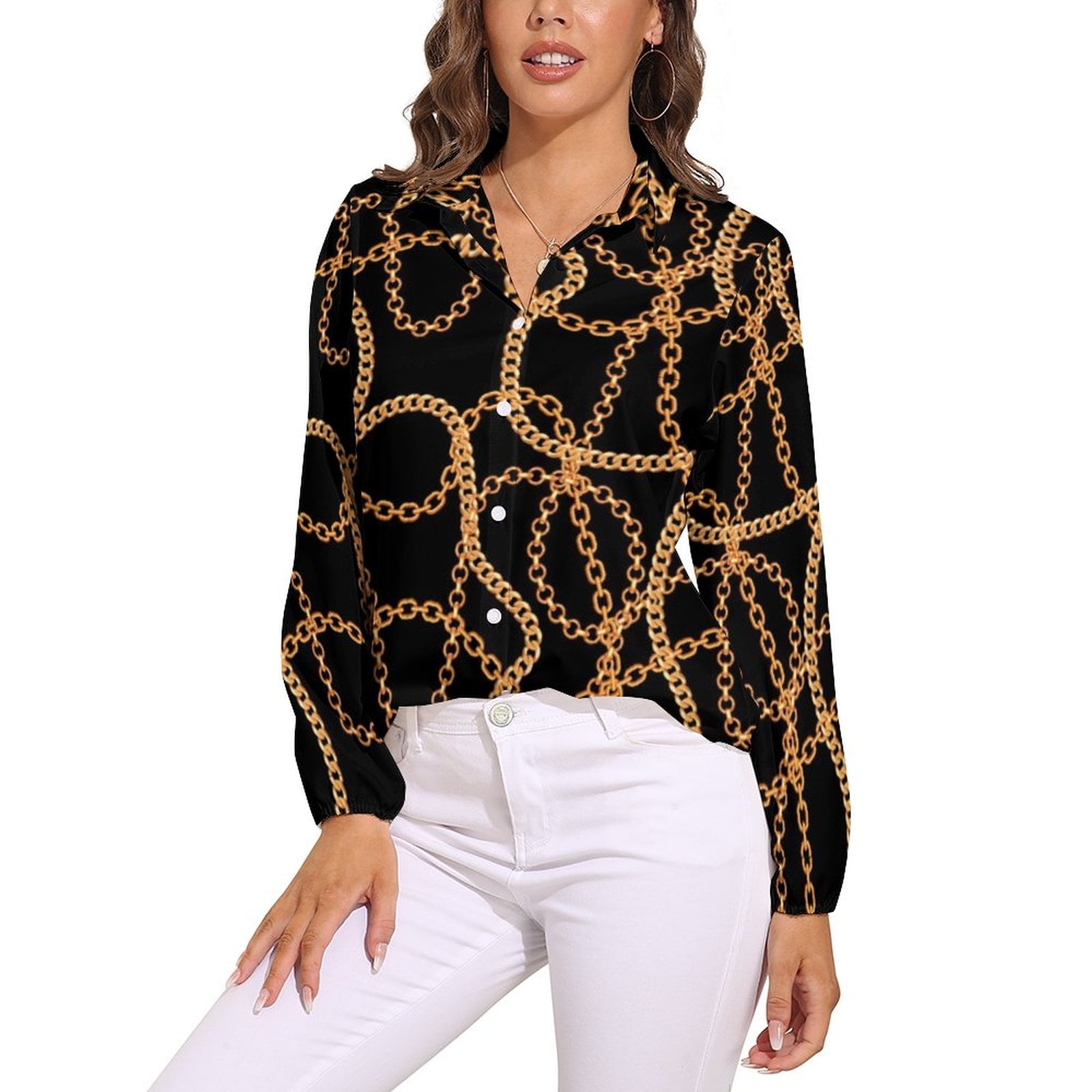 Chain Print Loose Blouse Indigo Blue Net Street Wear Oversized Blouses ...