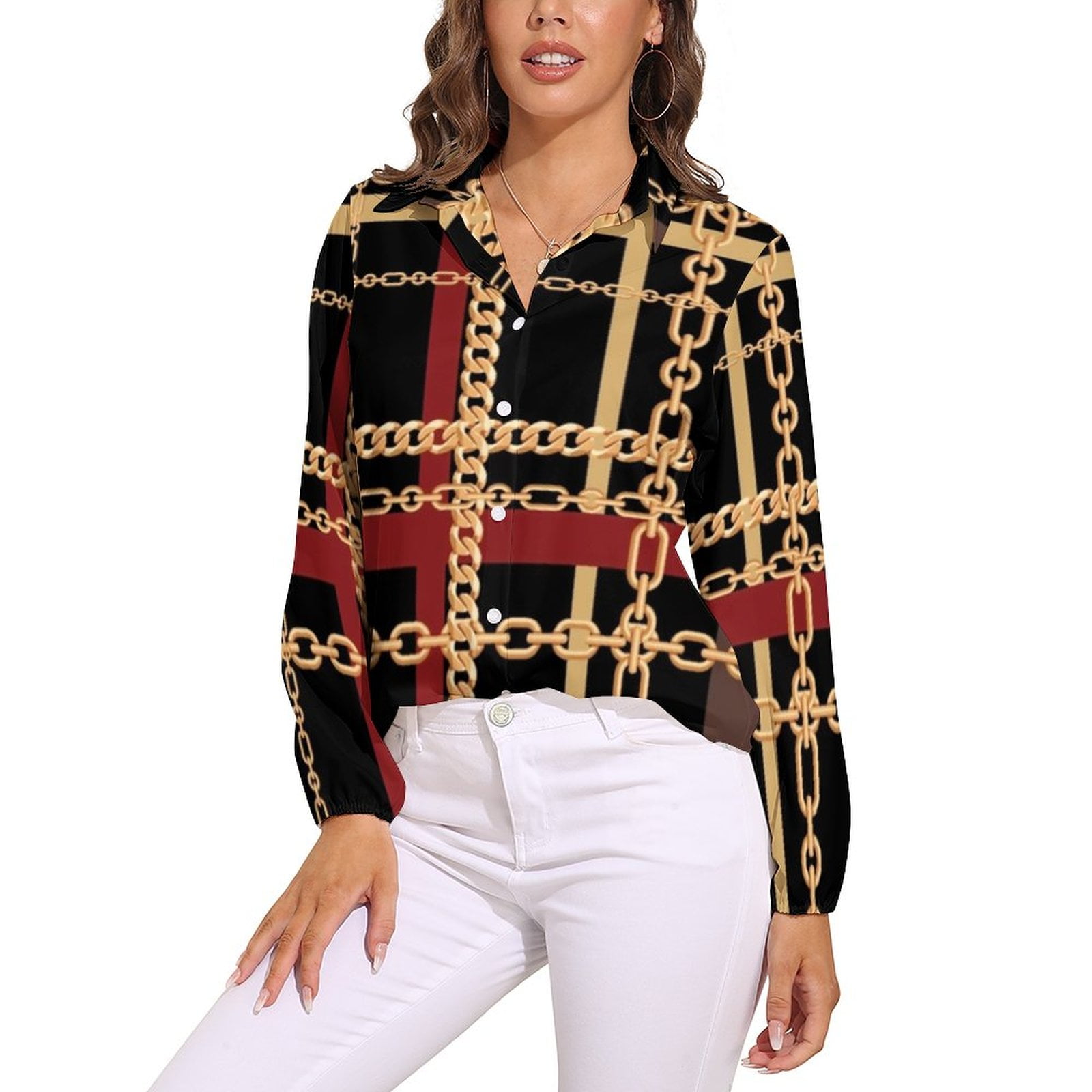 Chain Print Loose Blouse Indigo Blue Net Street Wear Oversized Blouses ...