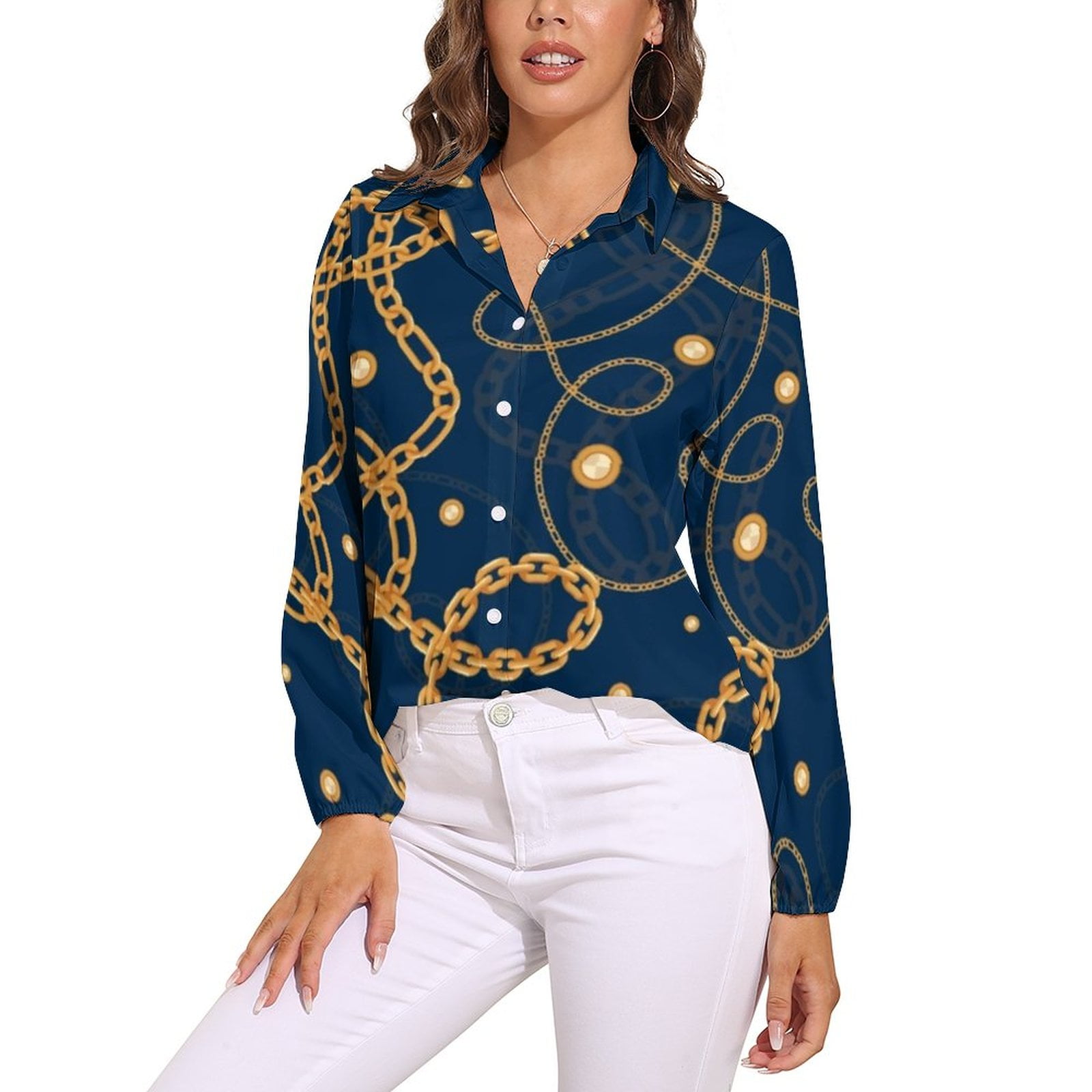 Chain Print Loose Blouse Indigo Blue Net Street Wear Oversized Blouses ...