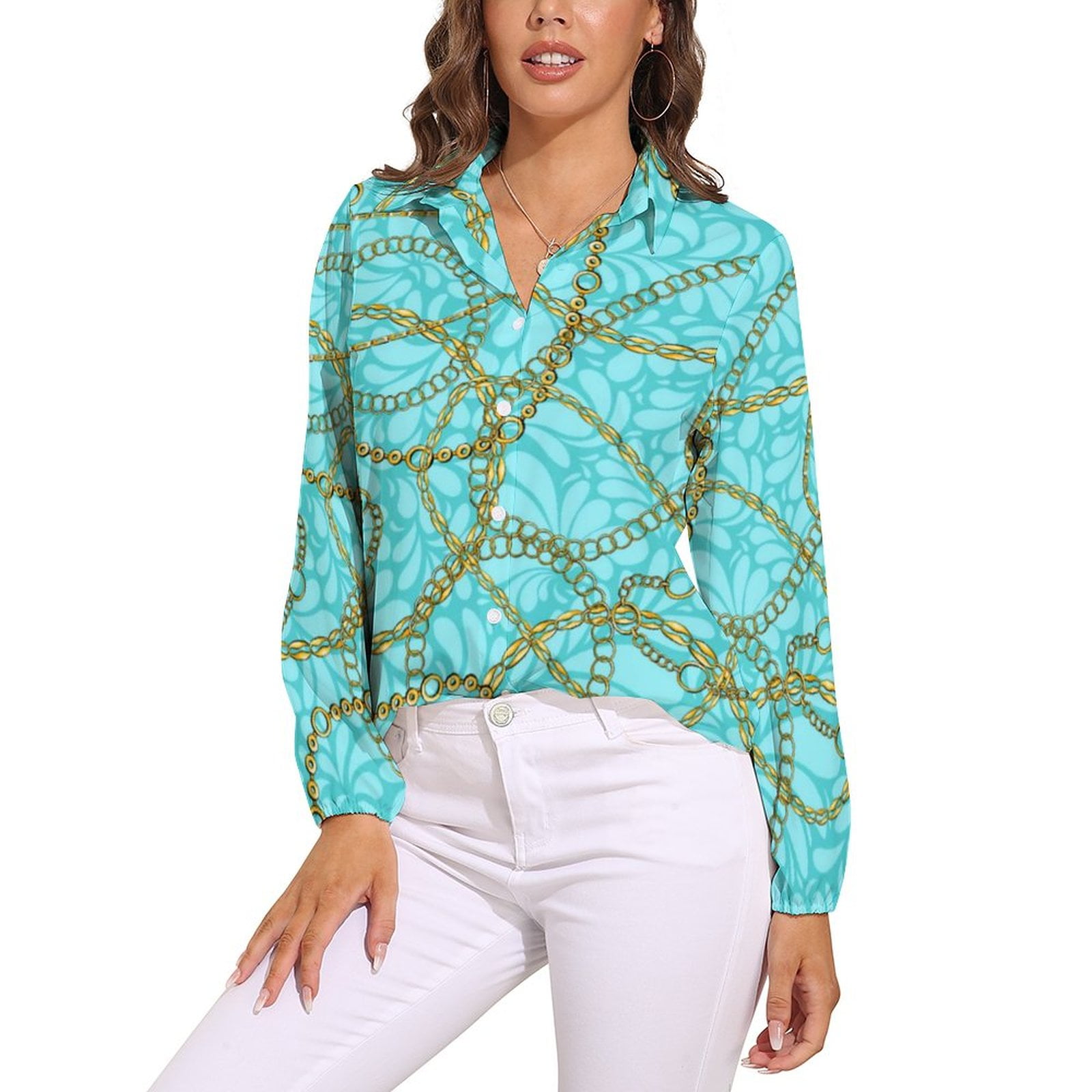 Chain Print Loose Blouse Indigo Blue Net Street Wear Oversized Blouses ...