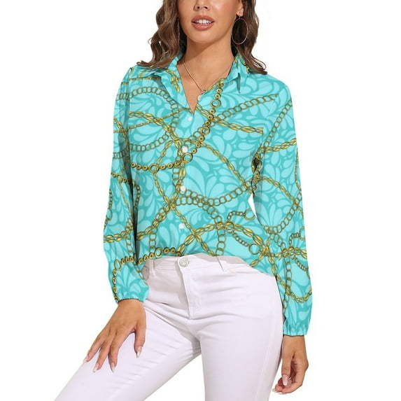 Chain Print Loose Blouse Indigo Blue Net Street Wear Oversized Blouses ...