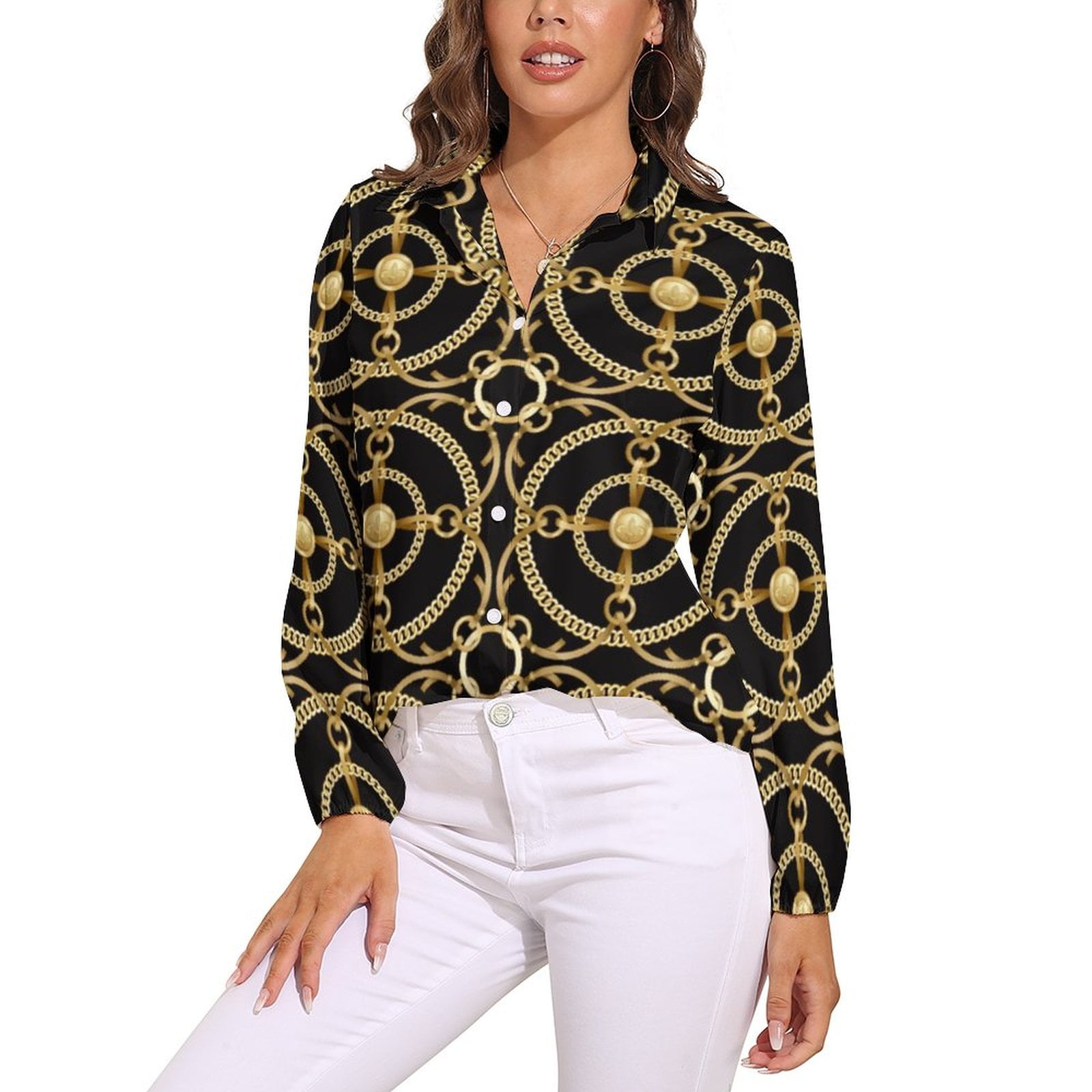 Chain Print Loose Blouse Indigo Blue Net Street Wear Oversized Blouses ...