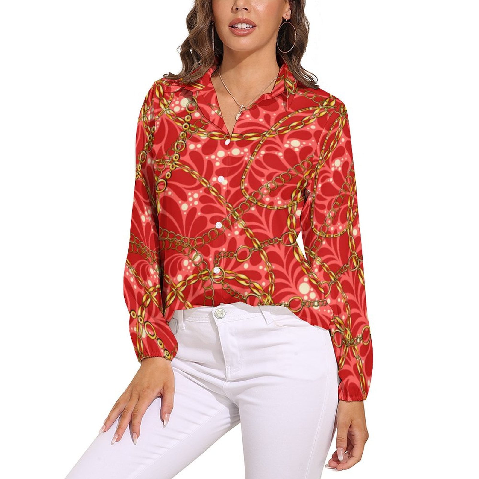 Chain Print Loose Blouse Indigo Blue Net Street Wear Oversized Blouses ...