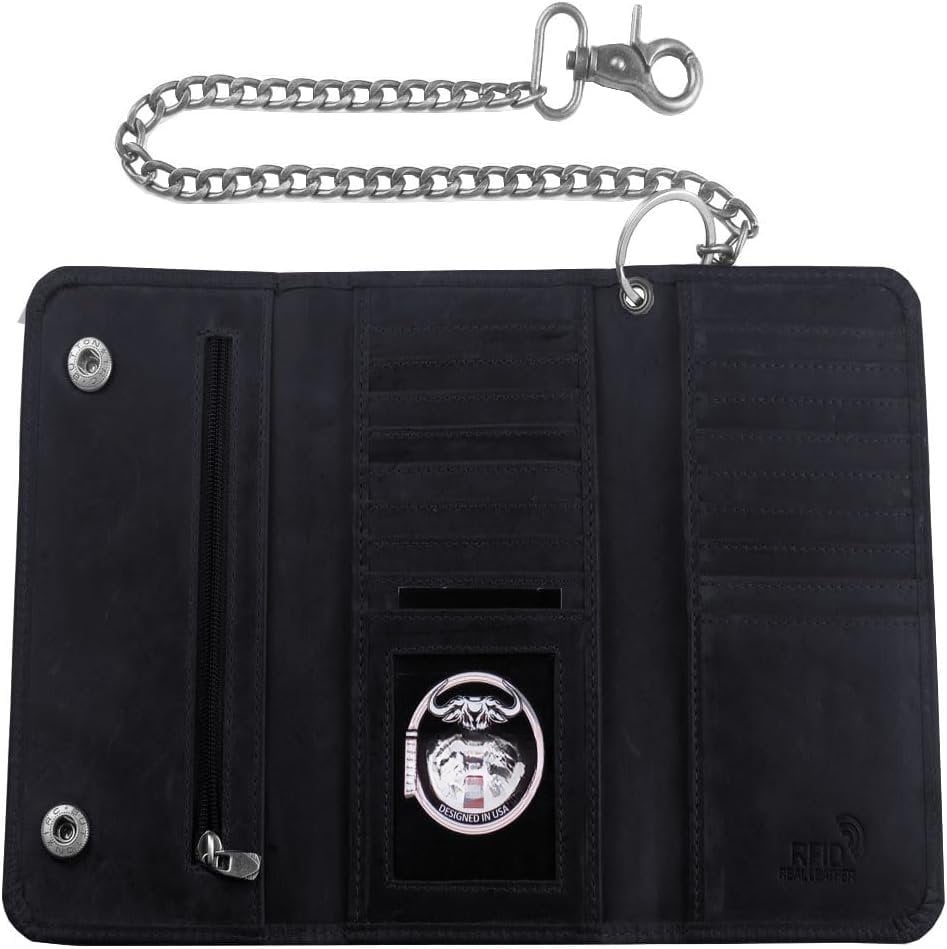 Chain Wallet for Men - Cowhide Leather, RFID Tri-Fold Biker Wallet with ...