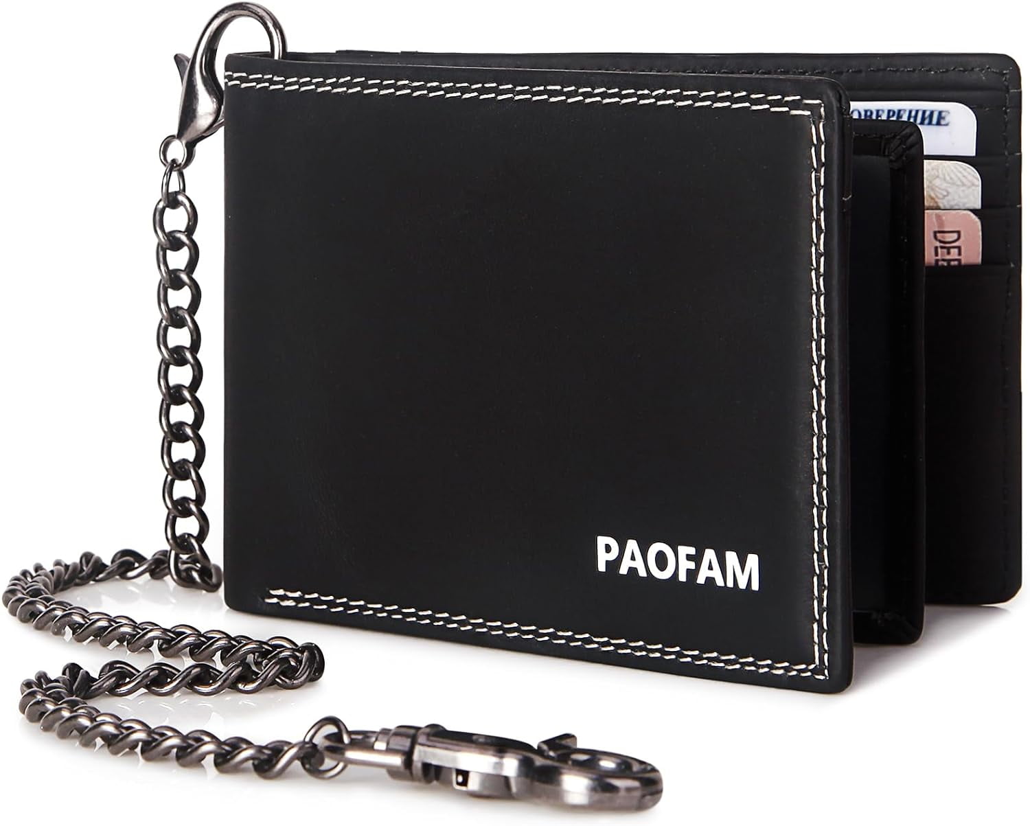 Chain Wallets for Men, Genuine Leather Purse RFID Blocking Bifold ...