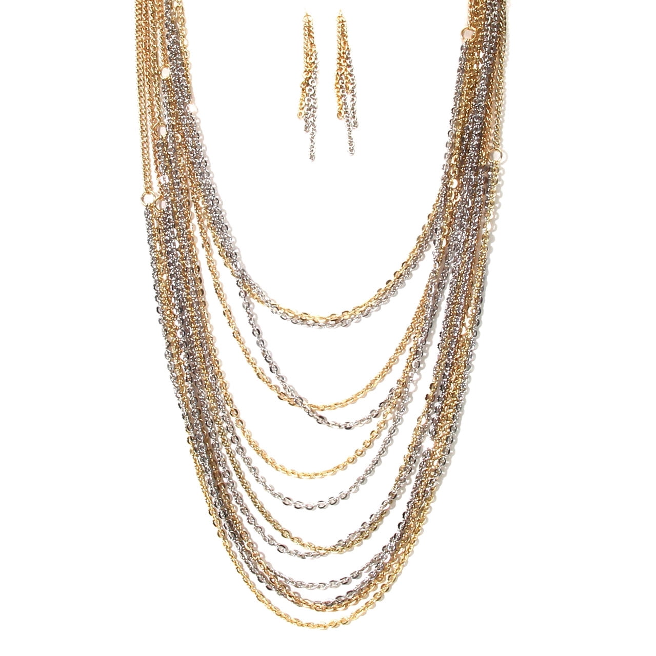 Multi-Strand Layered Chain Necklace and Dangle Earring Set - Two-Tone ...