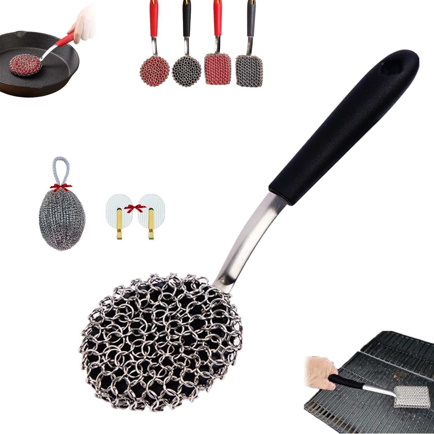 Chainmail Grill Scrubber, Chain Mail Scrubber Cast Iron with Handle, 3 ...