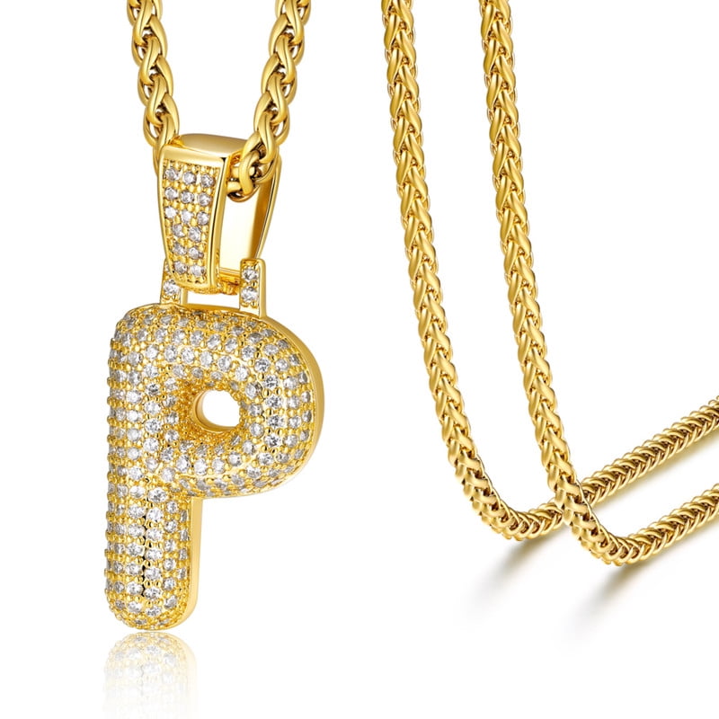 ChainsHouse Bubble Letter Necklace for Women Men 18K Gold Plated Personalized Puff Initial ...